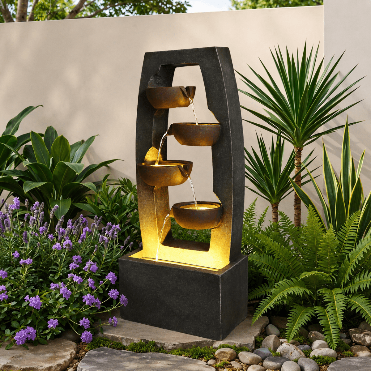 Outdoor Rock Water Fountain with Lights Multi Tier Cascading Waterfall ...