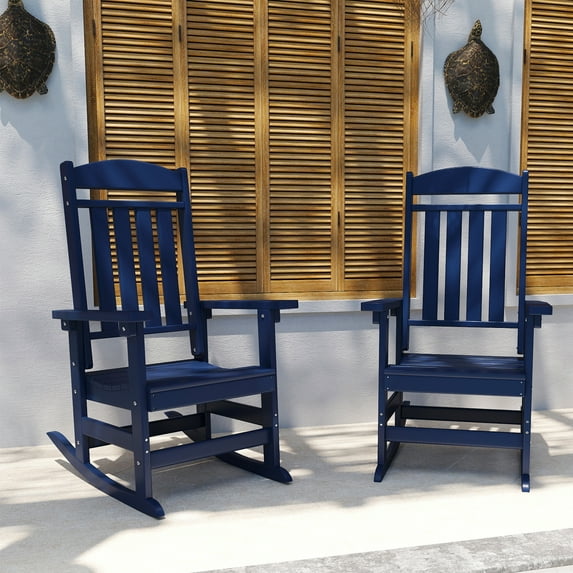 Outdoor Rocking Chair Set of 2, HDPE Plastic Porch Rocker, Navy Blue ...