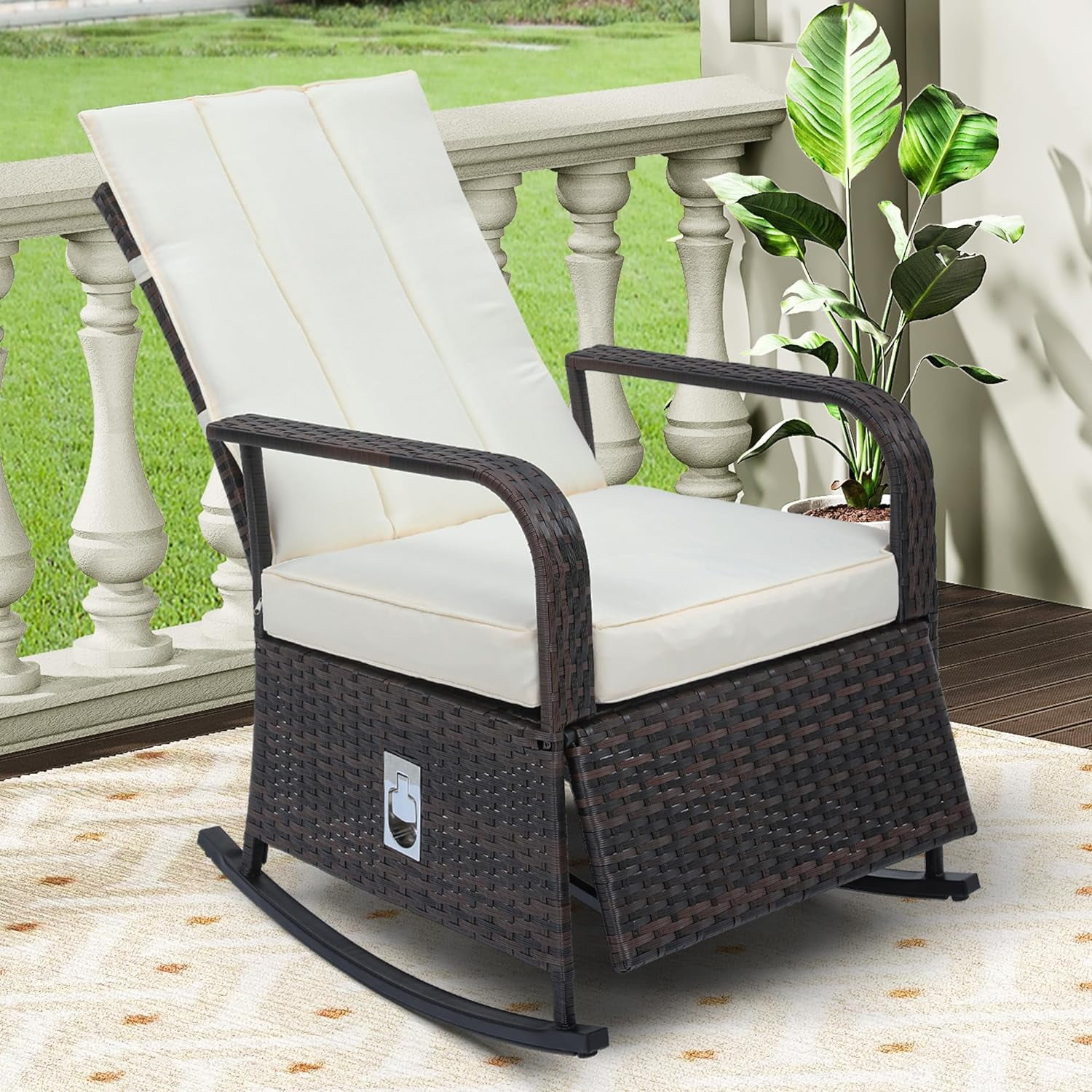 Outdoor Rocking Chair, Wicker Lounge Chair with Adjustment Backrest, PE ...