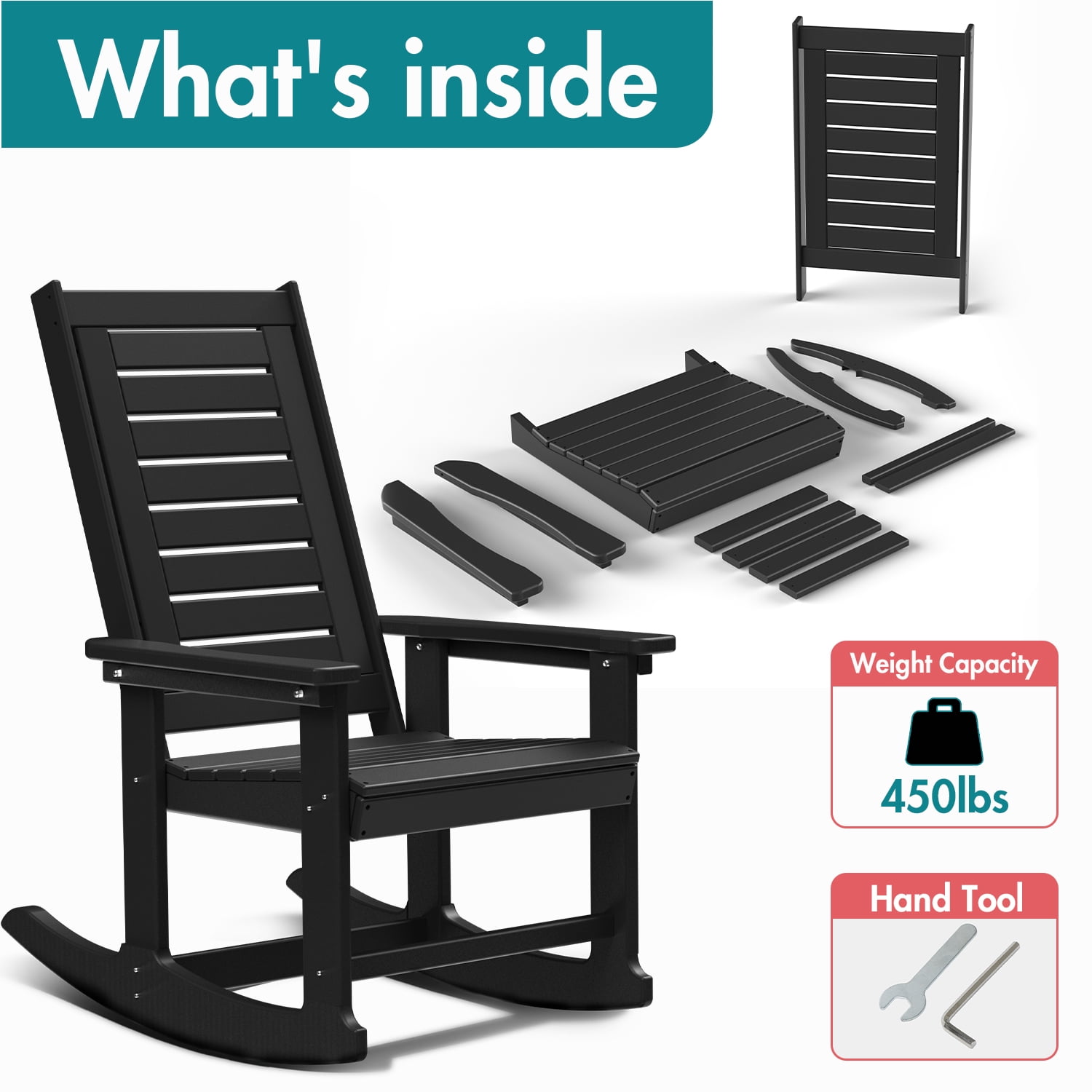 Outdoor Rocking Chairs,Porch Rocker,HDPE Plastic,Black,Oversized ...