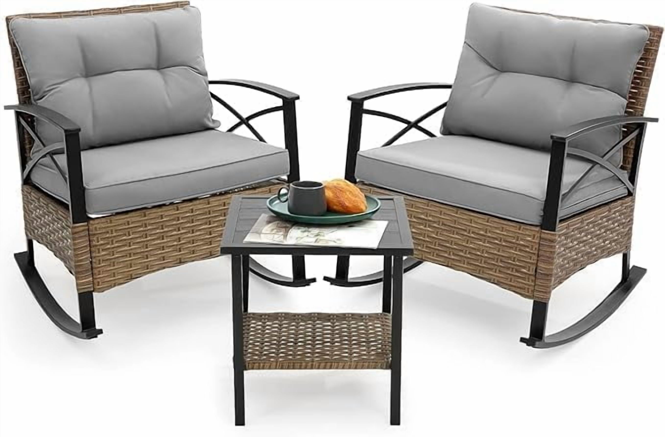 Outdoor Rocking Chairs Set - Grey 3 Pieces Bistro Set Outside Furniture ...