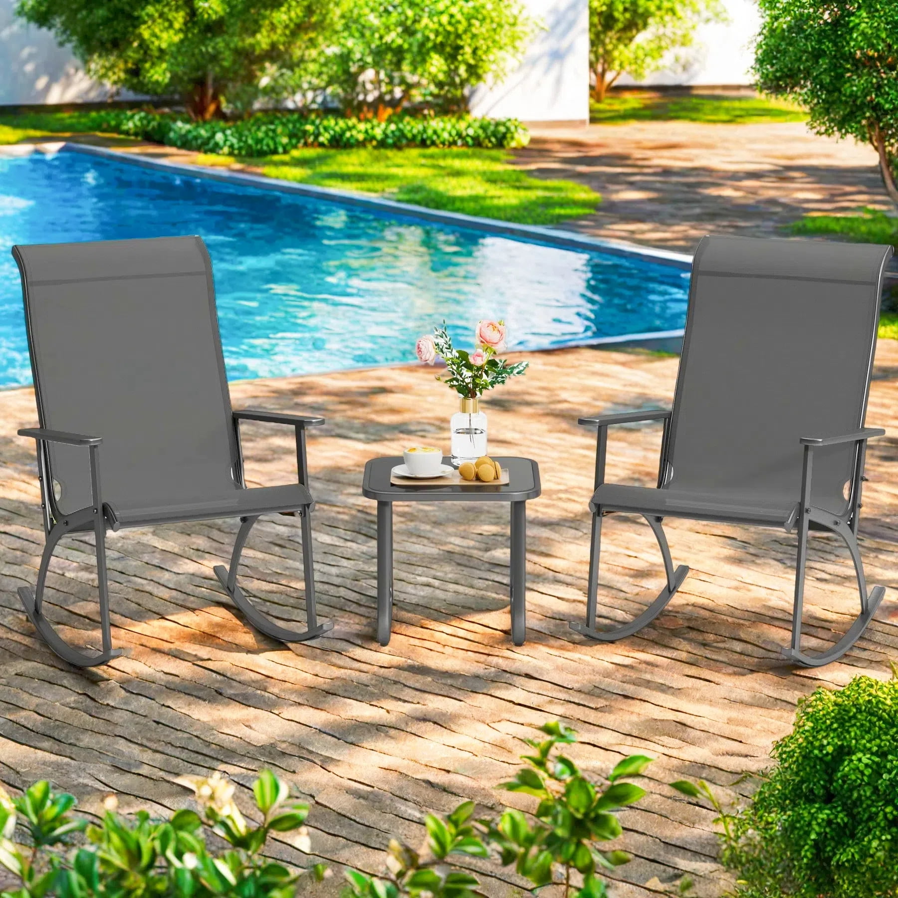 Outdoor Rocking Chairs Set, Lofka 3 Pieces High Back Patio Chairs Set ...