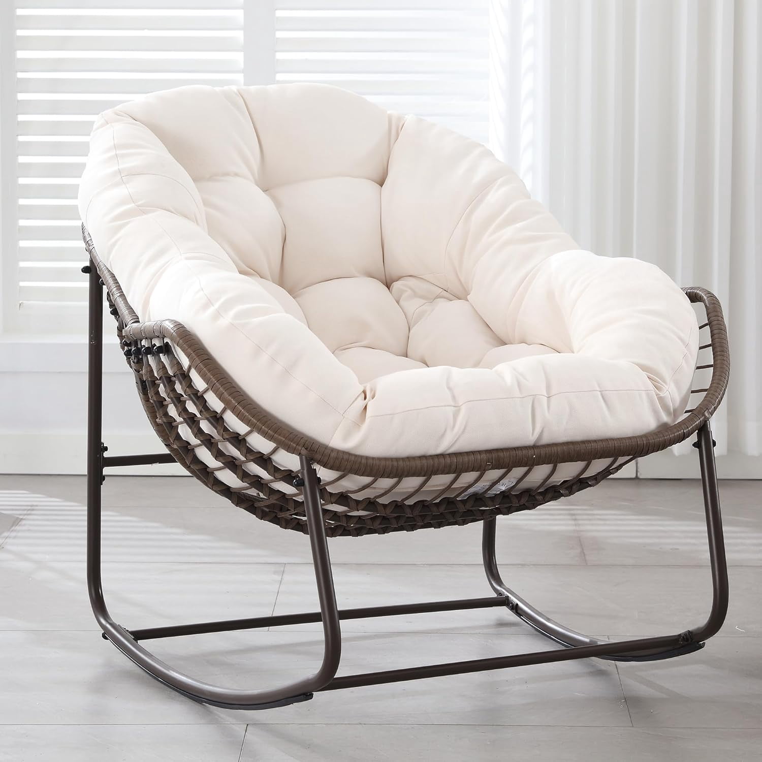 Outdoor Rocking Egg Chair Indoor Rattan Wicker Lounge with Soft Cushion ...