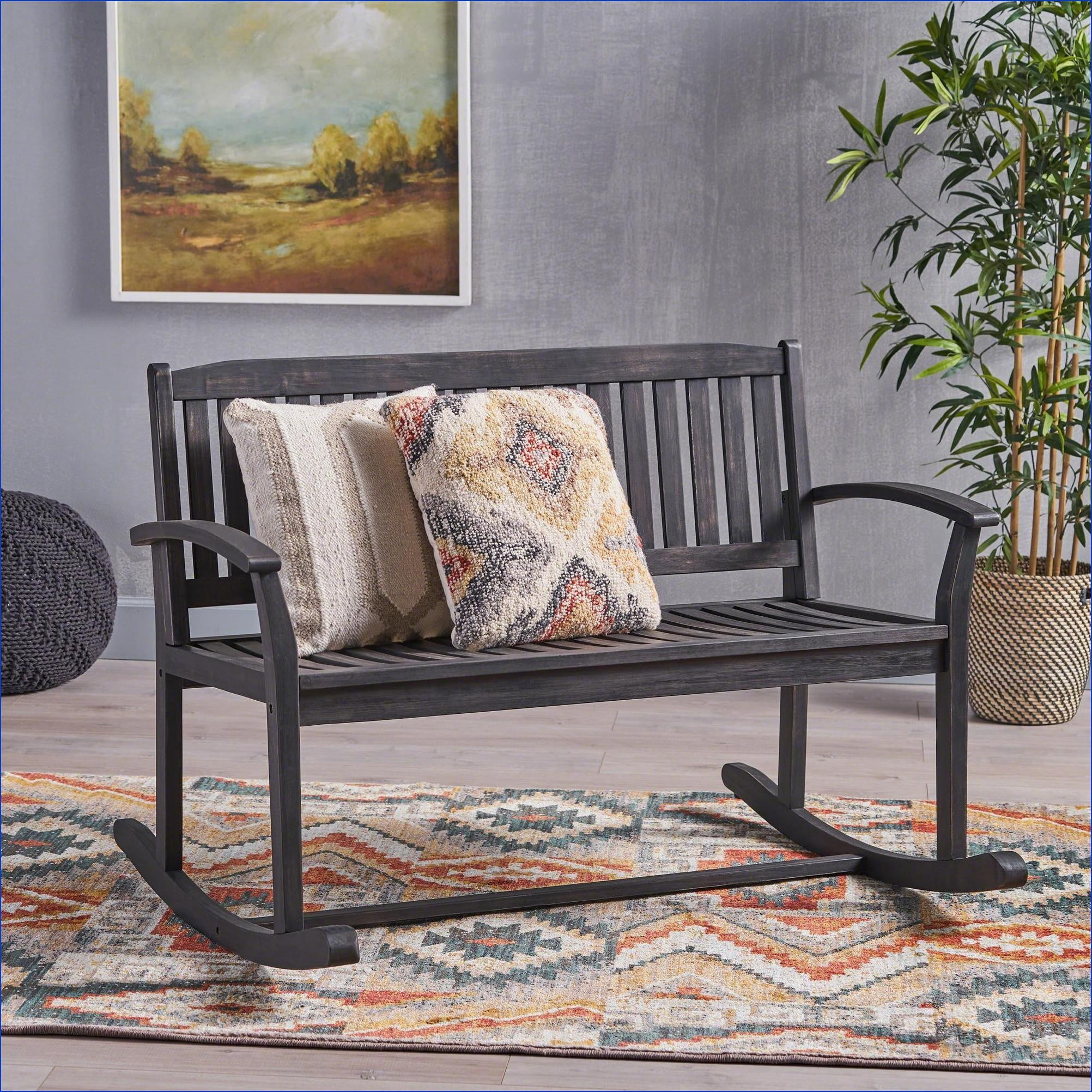 Outdoor Rocking Loveseat | 2-Person Acacia Wood Rocking Bench for Patio ...