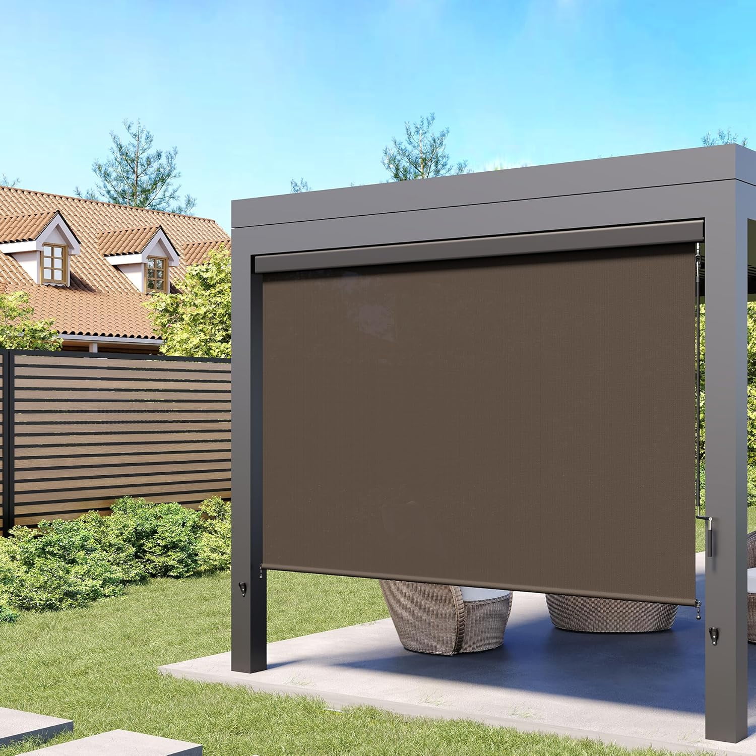 Outdoor Roller Shade Solar Fabric Cordless Roll Up Shade, Exterior ...