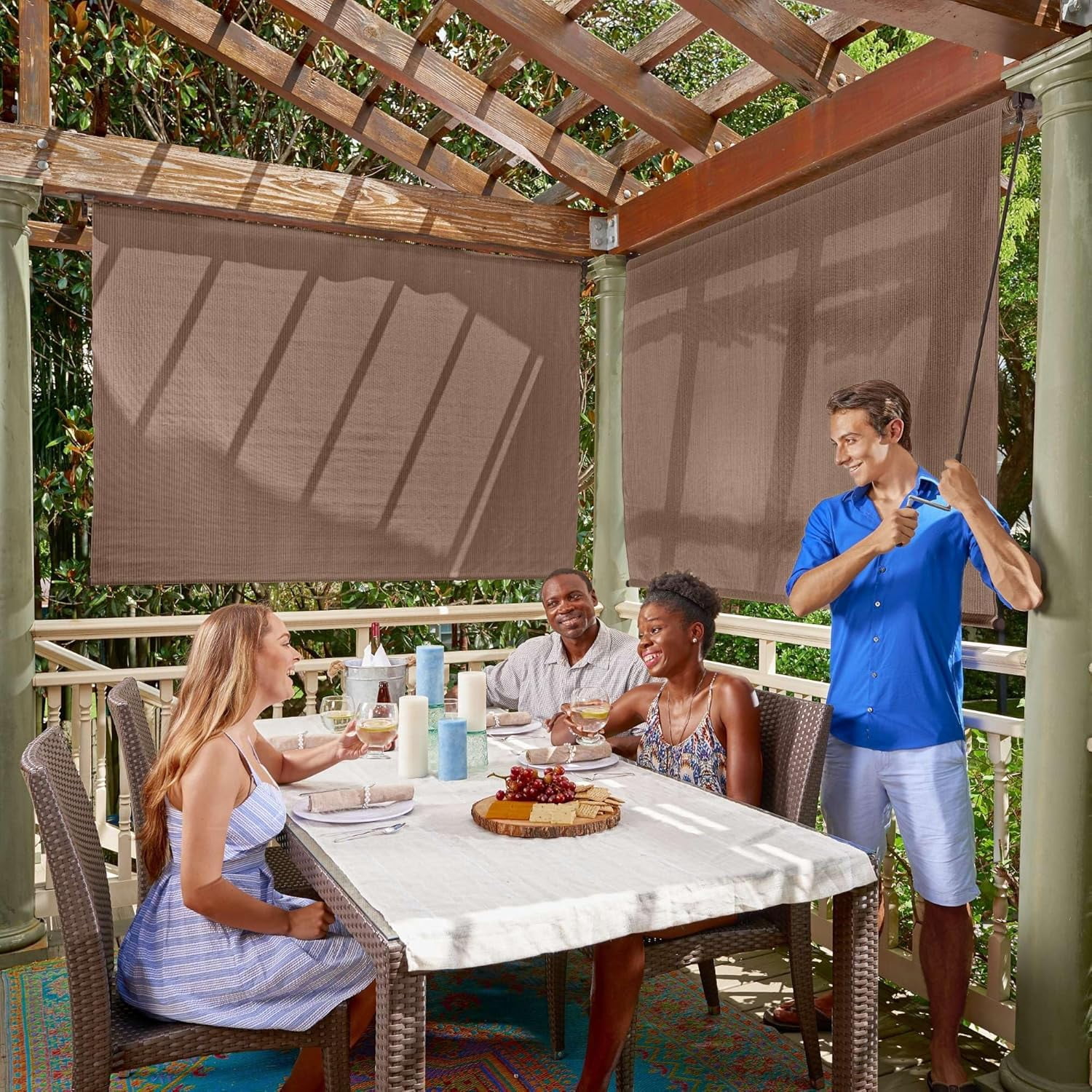 Outdoor Roller Shade with Wand - 95% UV Block Breathable Light ...