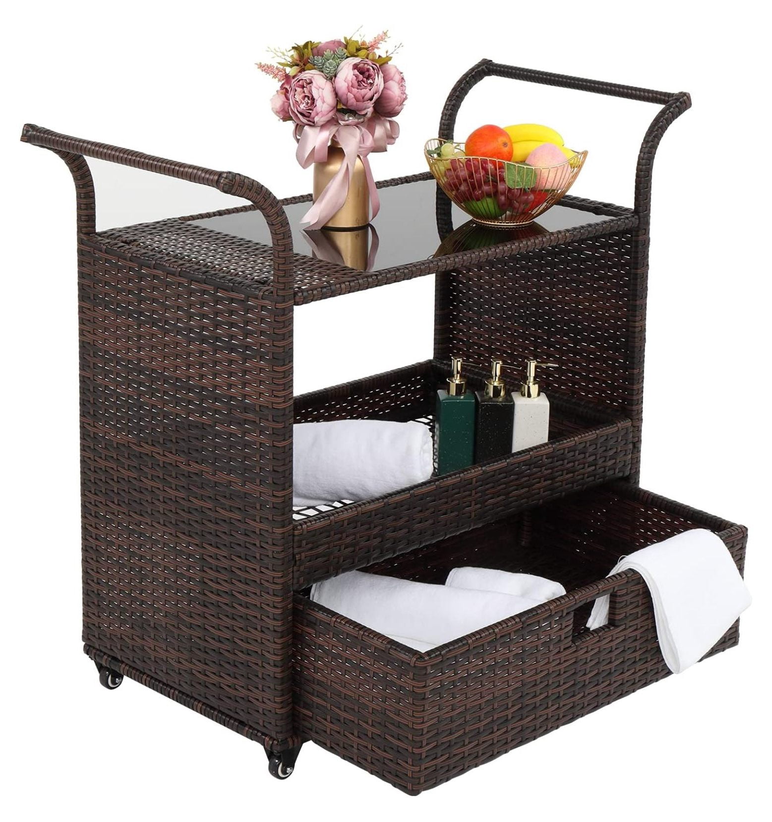 Outdoor Rolling Wicker Bar Cart, Rolling Rattan Beverage Bar Counter ...