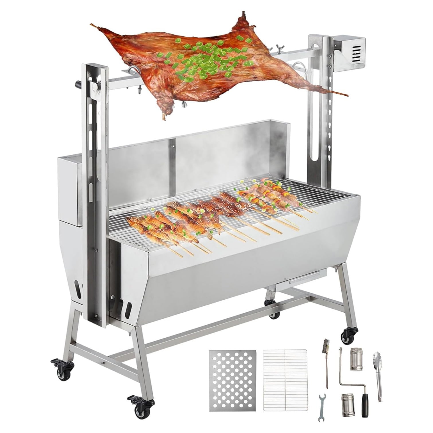 Outdoor Rotisserie Grill with Wind Screen, 132~200LB Capacity Electric ...