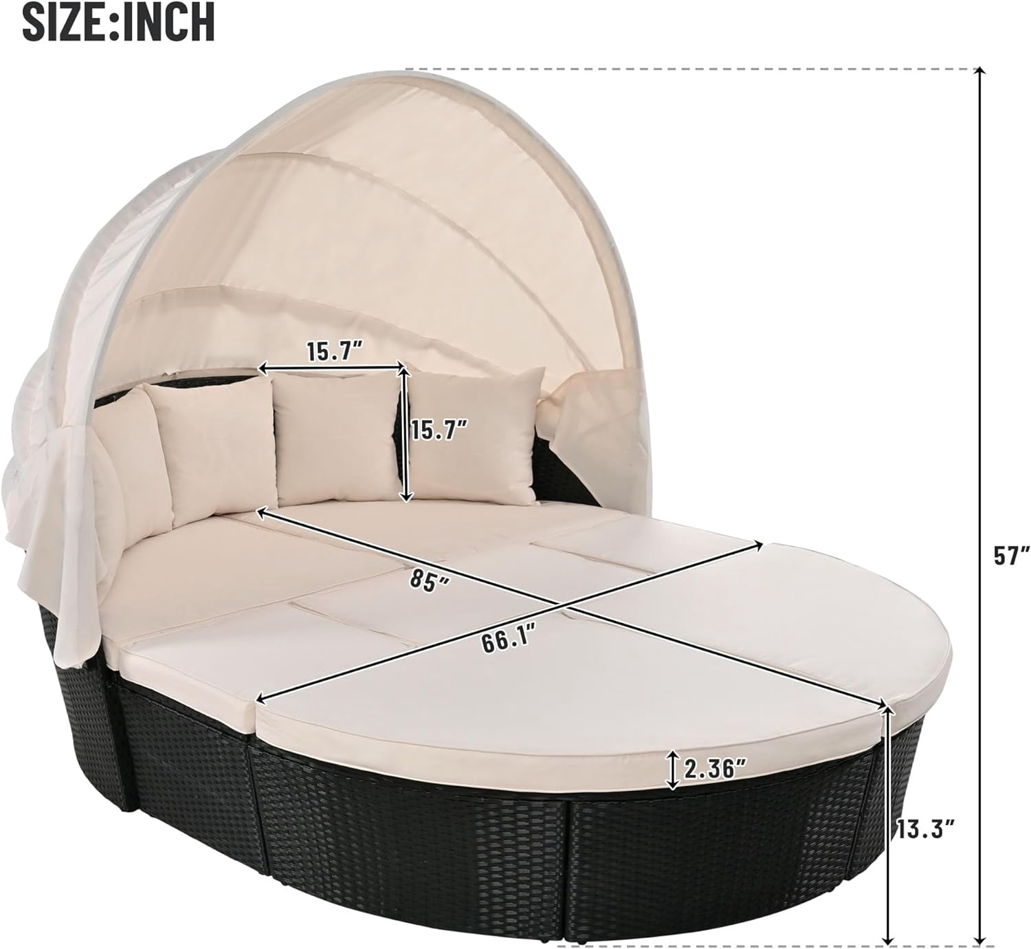 Outdoor Round Daybed Sunbed with Retractable Canopy, All-Weather PE ...