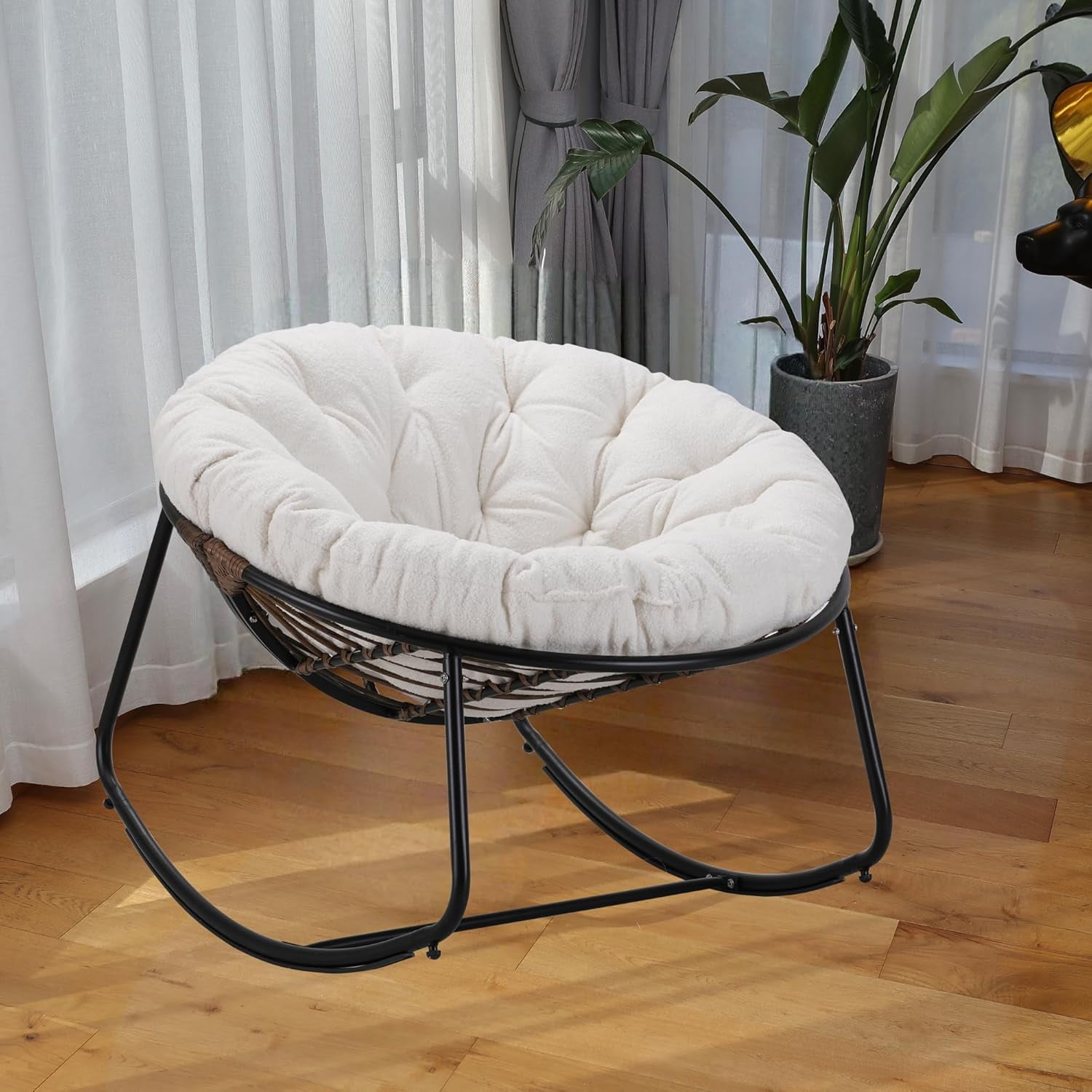 Outdoor Round Rocking Chair, Patio Wicker Egg Chair, Comfy Oversized ...