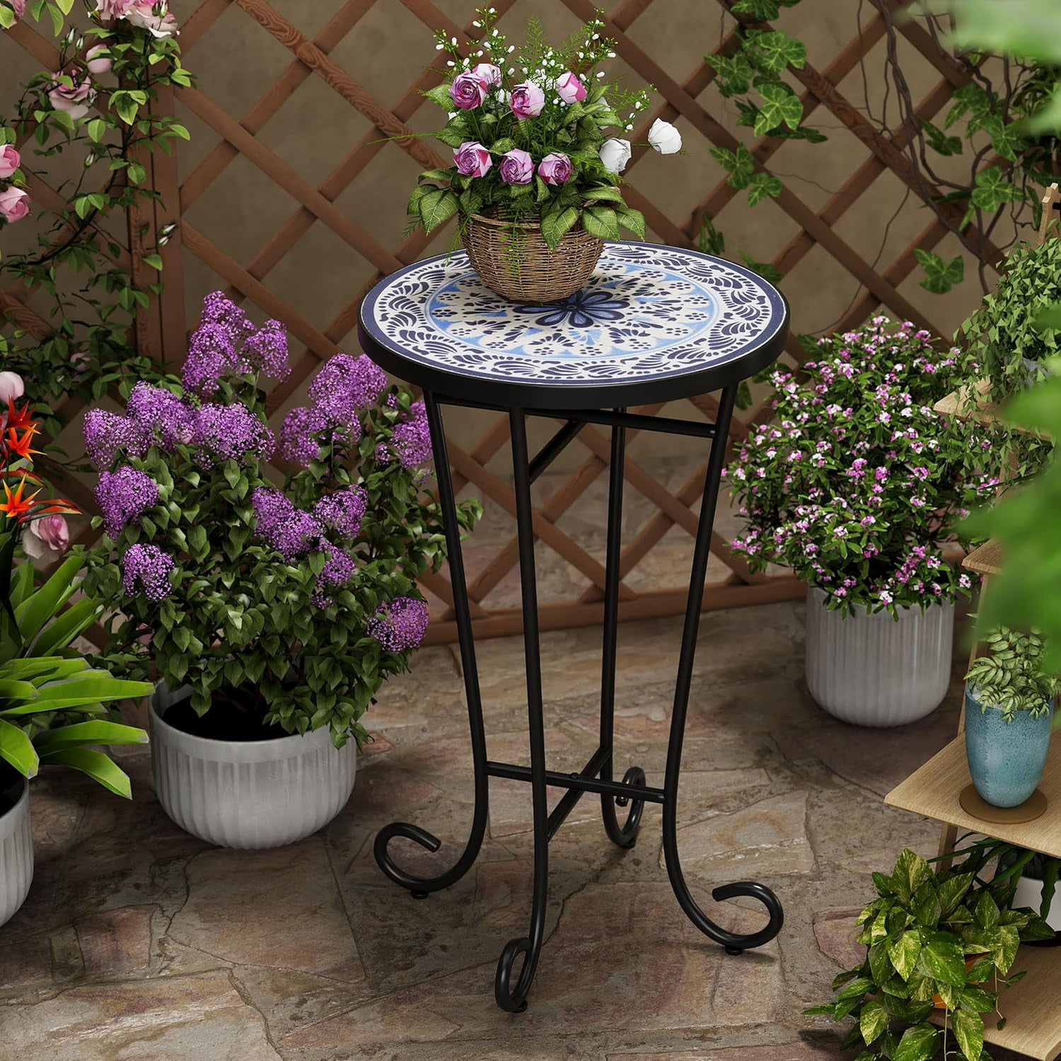 Outdoor Round Side Table,Ceramic Top Patio End Table with Metal Frame ...