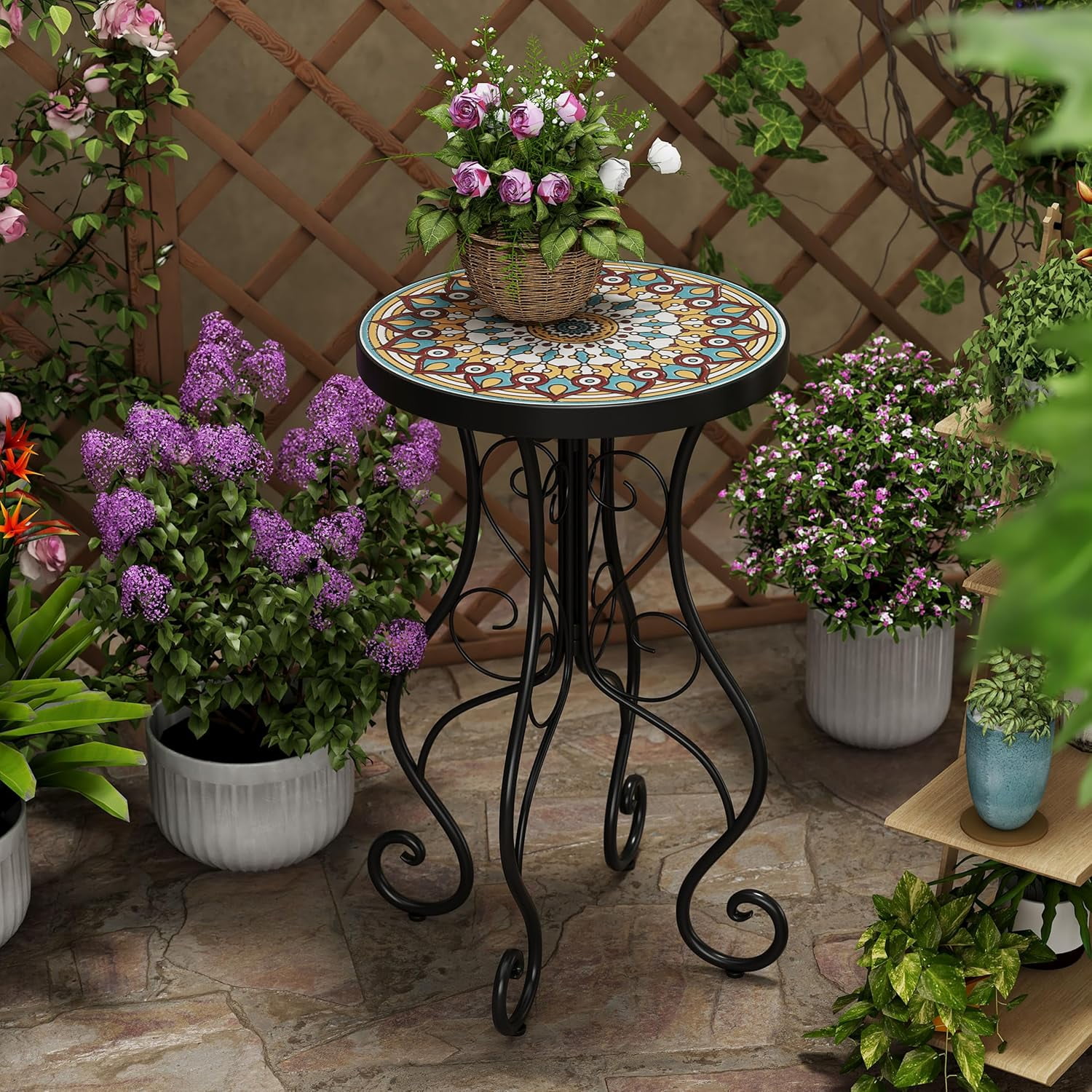 Outdoor Round Side Table,Ceramic Top Patio End Table with Metal Frame ...