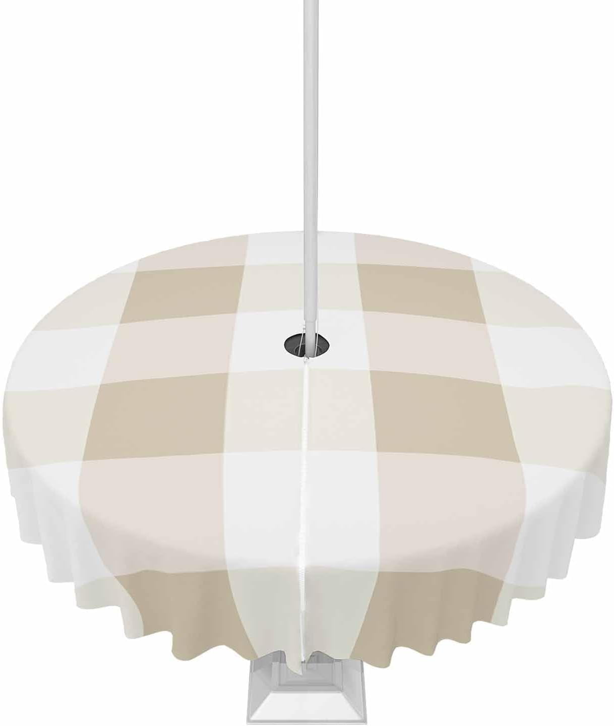 Outdoor Round Tablecloth with Umbrella Hole and Zipper, Beige Plaid ...