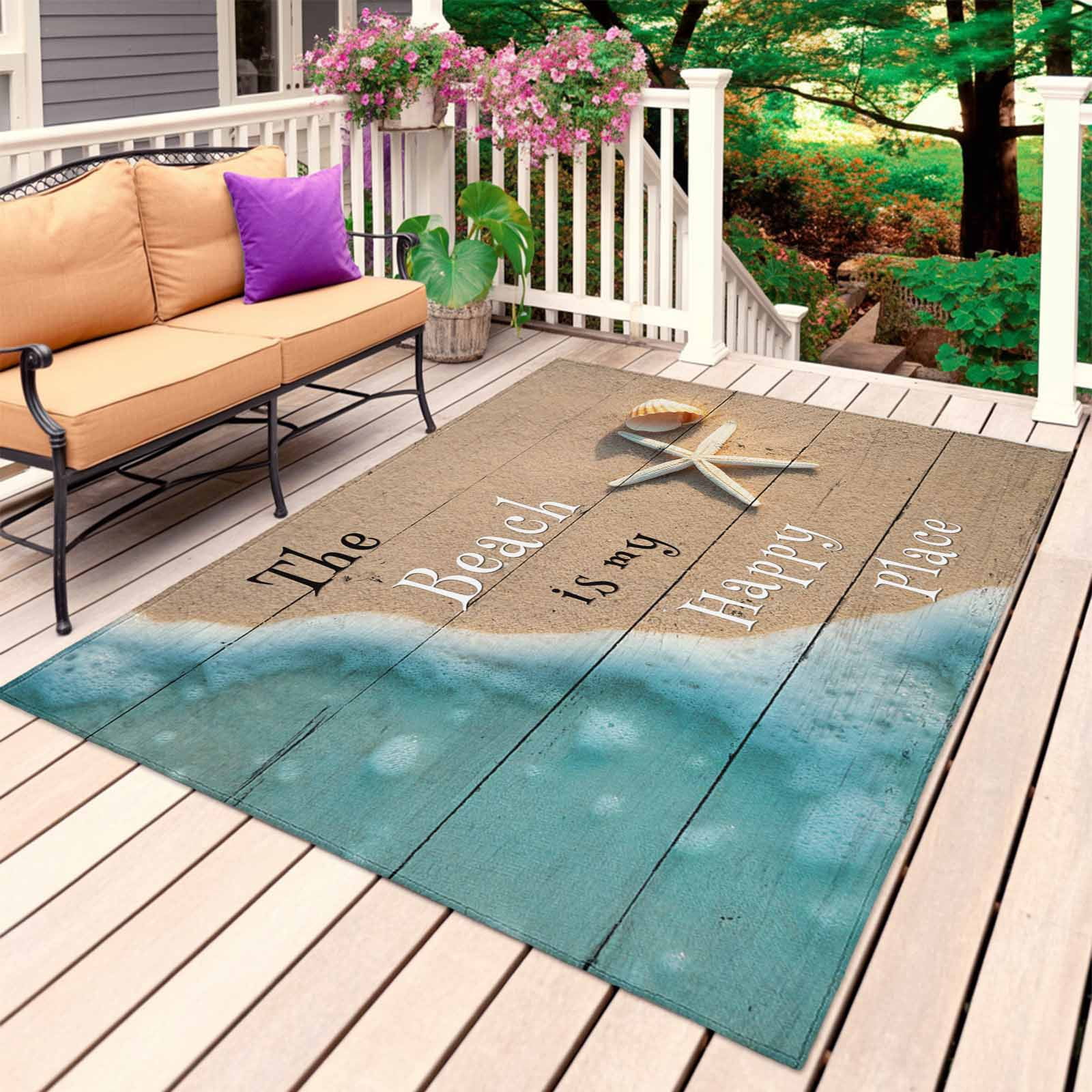 Outdoor Rug, Beach Happy Place Starfish Shells Absorbant Non-Slip Area ...