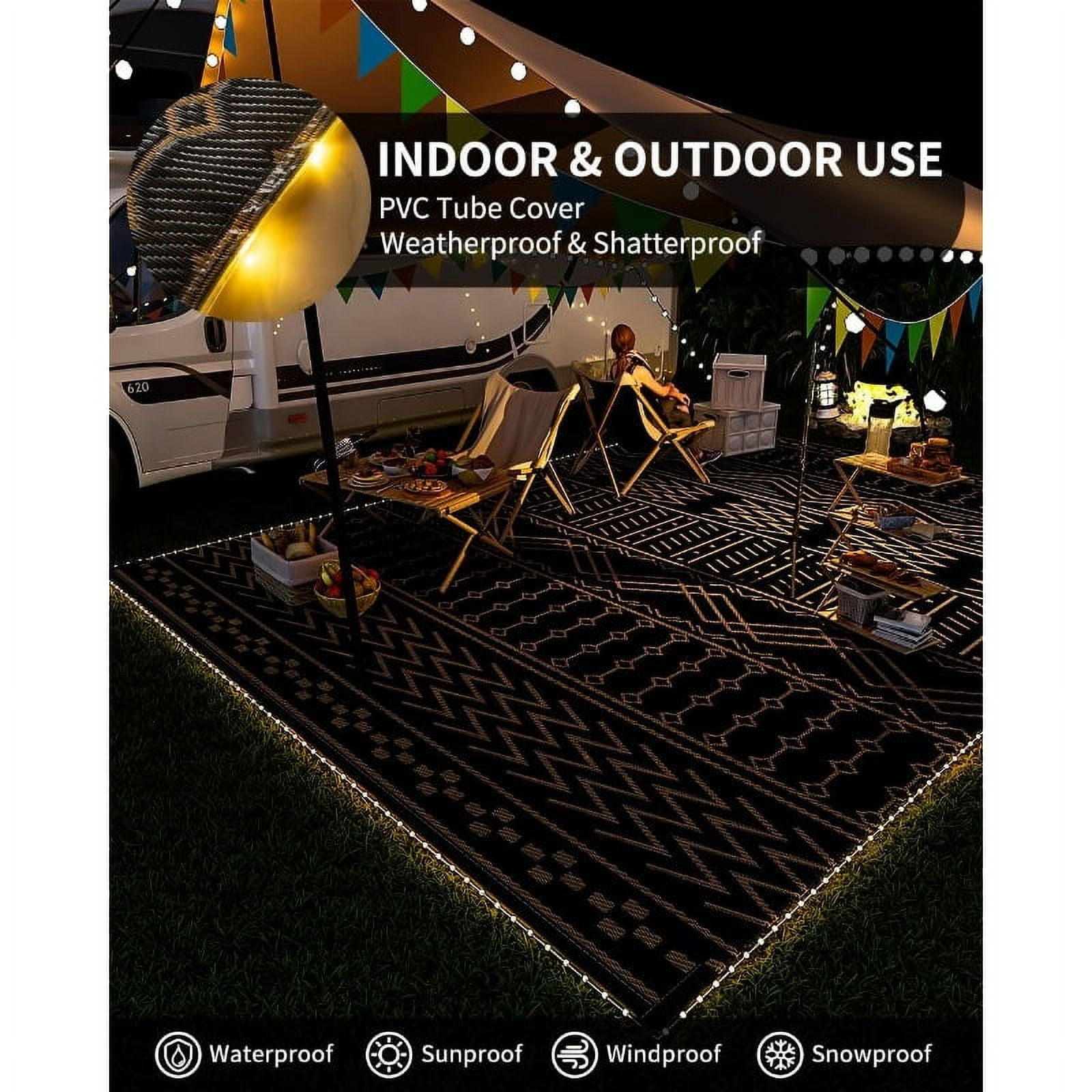 Outdoor Rug Carpet Waterproof 8x10 ft with LED Strip Lights-Patio Rug Mat Indoor Outdoor Rug for ...