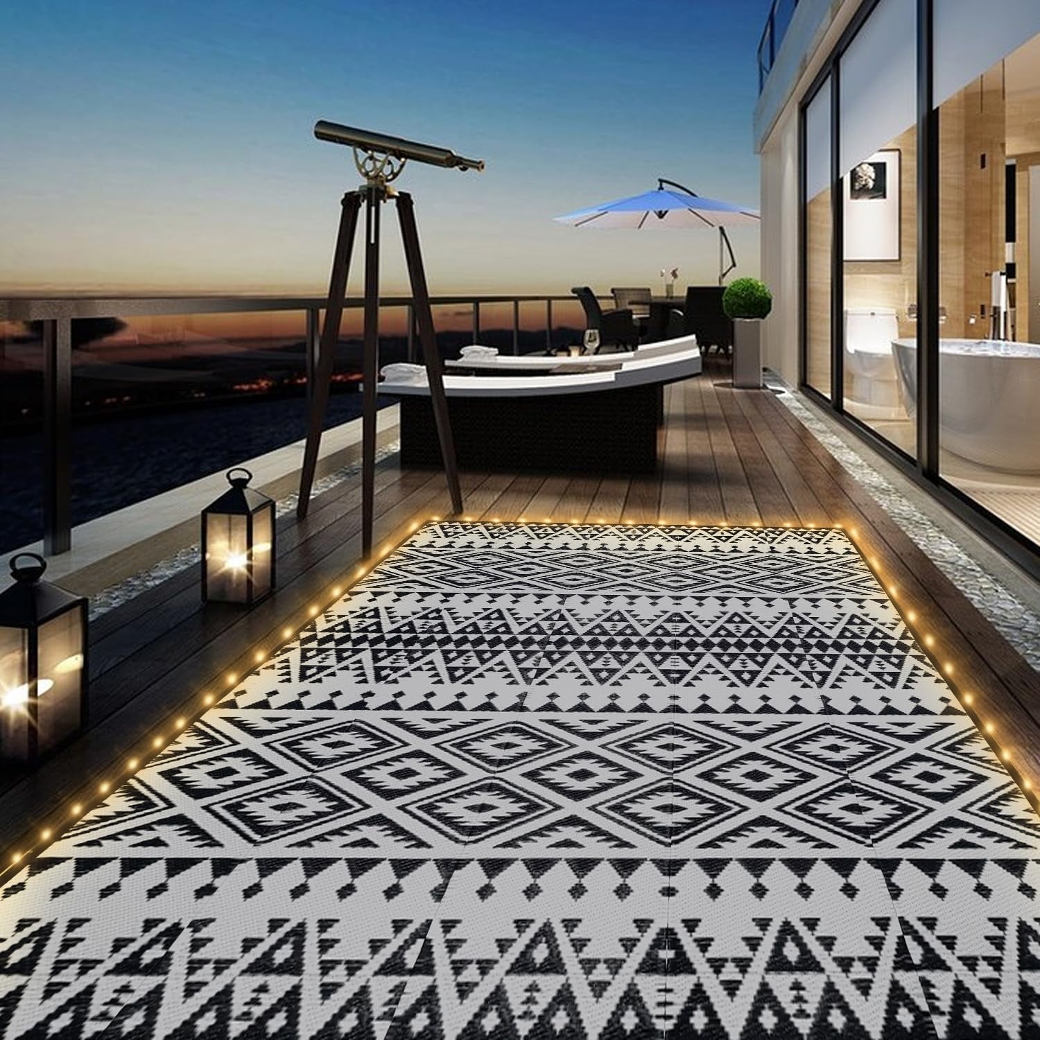 Outdoor Rug Mat with Led Strip Lights for Patio, 6x9ft Waterproof ...