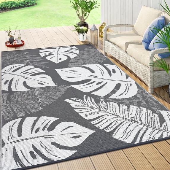 Outdoor Rug Modern Wide Leaf Pattern Waterproof Portable with Carry Bag ...