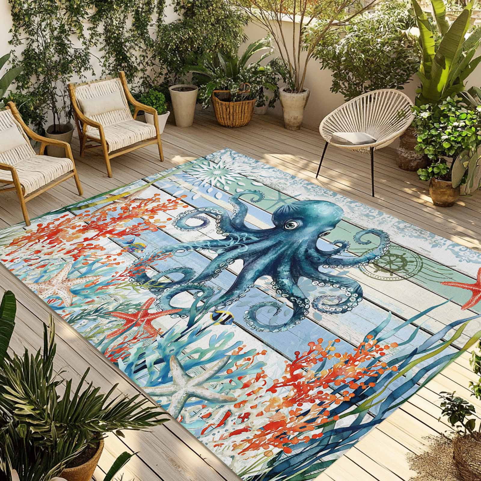 Outdoor Rug, Ocean Octopus Starfish Coral Absorbant Non-Slip Area Rugs ...