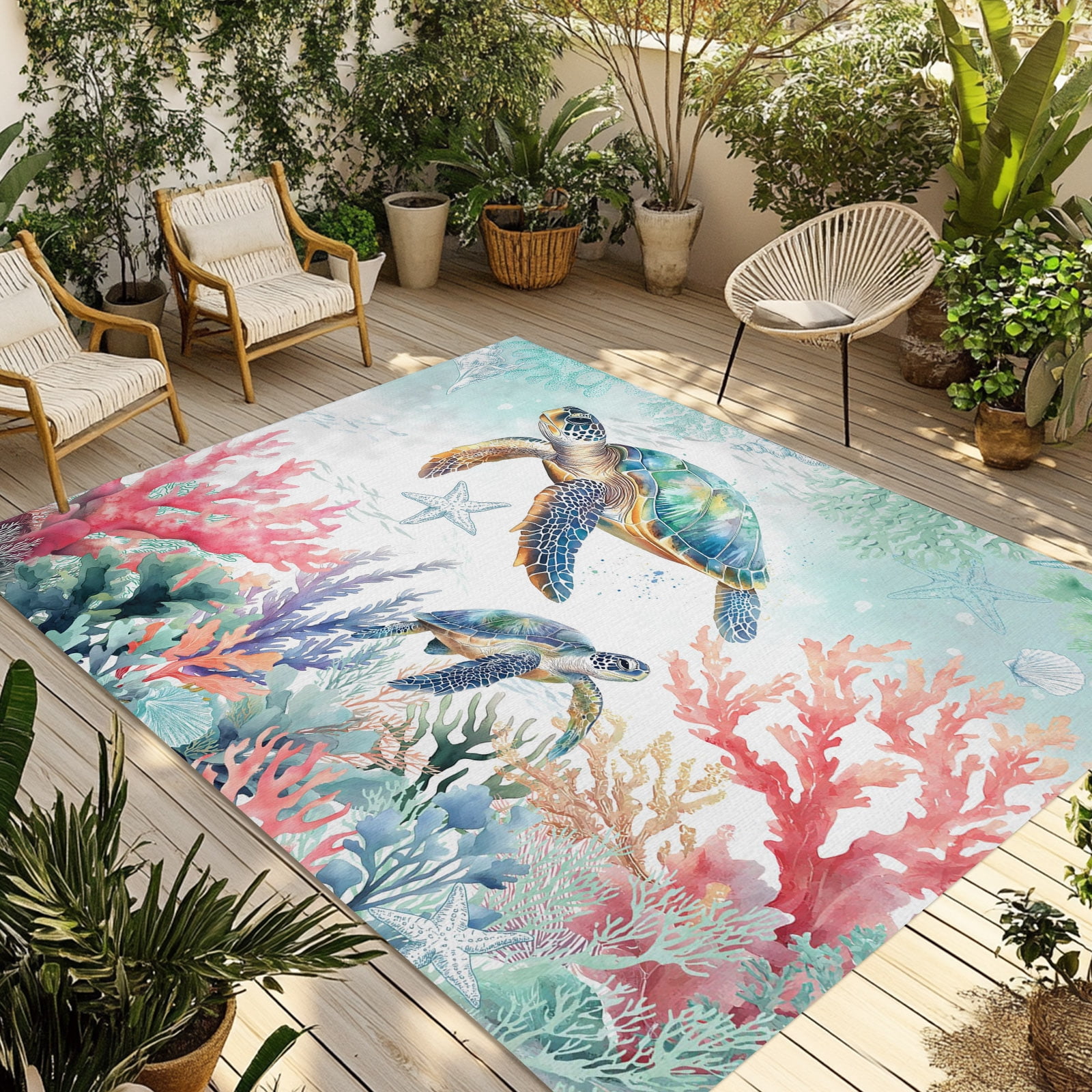 Outdoor Rug, Watercolor Sea Turtle Coral Fish Absorbant Non-Slip Area ...