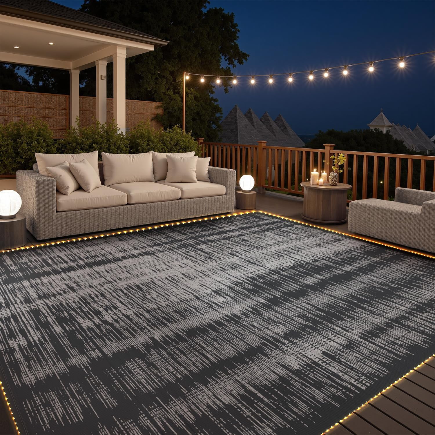Outdoor Rug Waterproof 8x10 ft with Strip Lights Outdoor Patio Rug Mat Reversible Plastic Straw ...