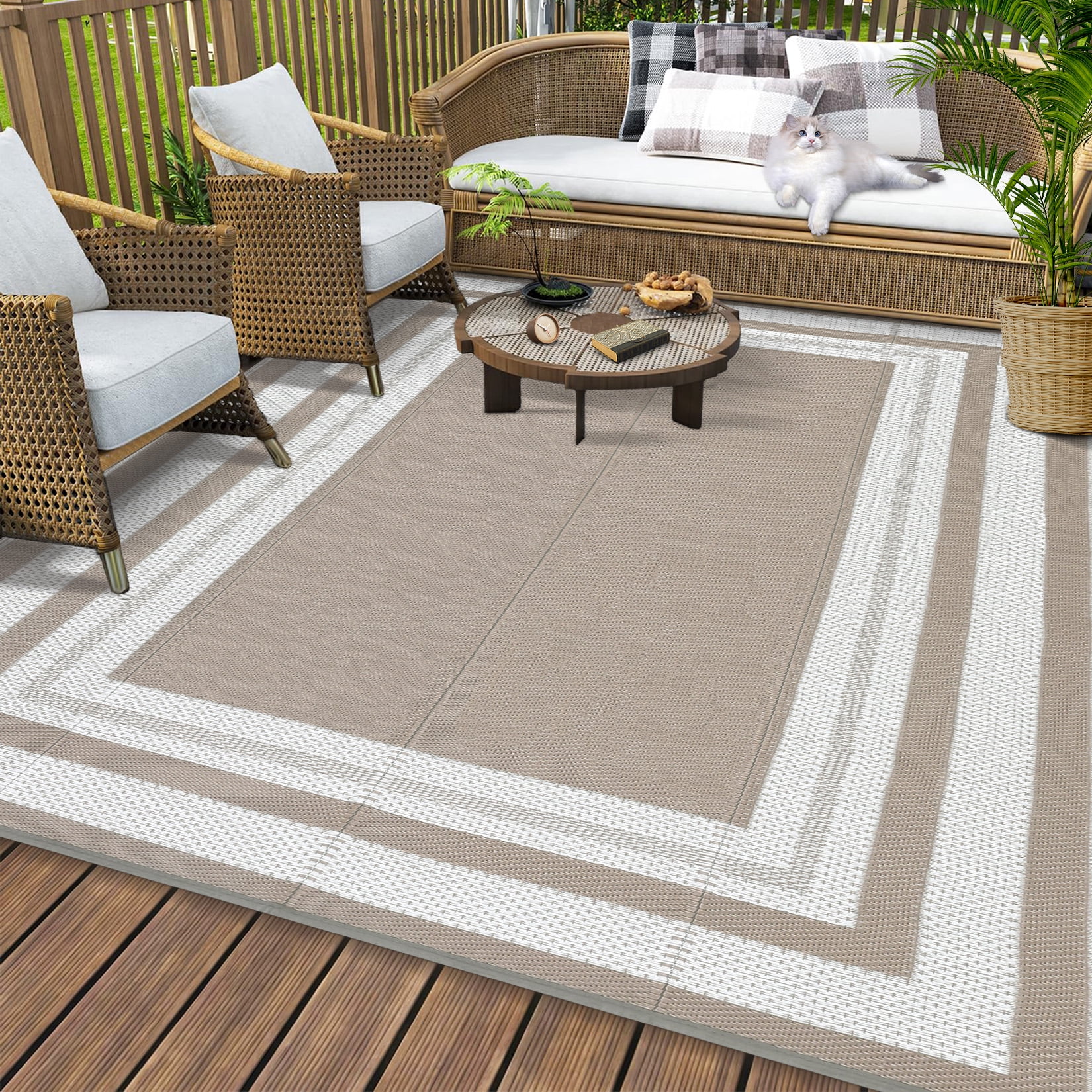Outdoor Rug – Waterproof Reversible Plastic Straw Mat, Modern Border ...