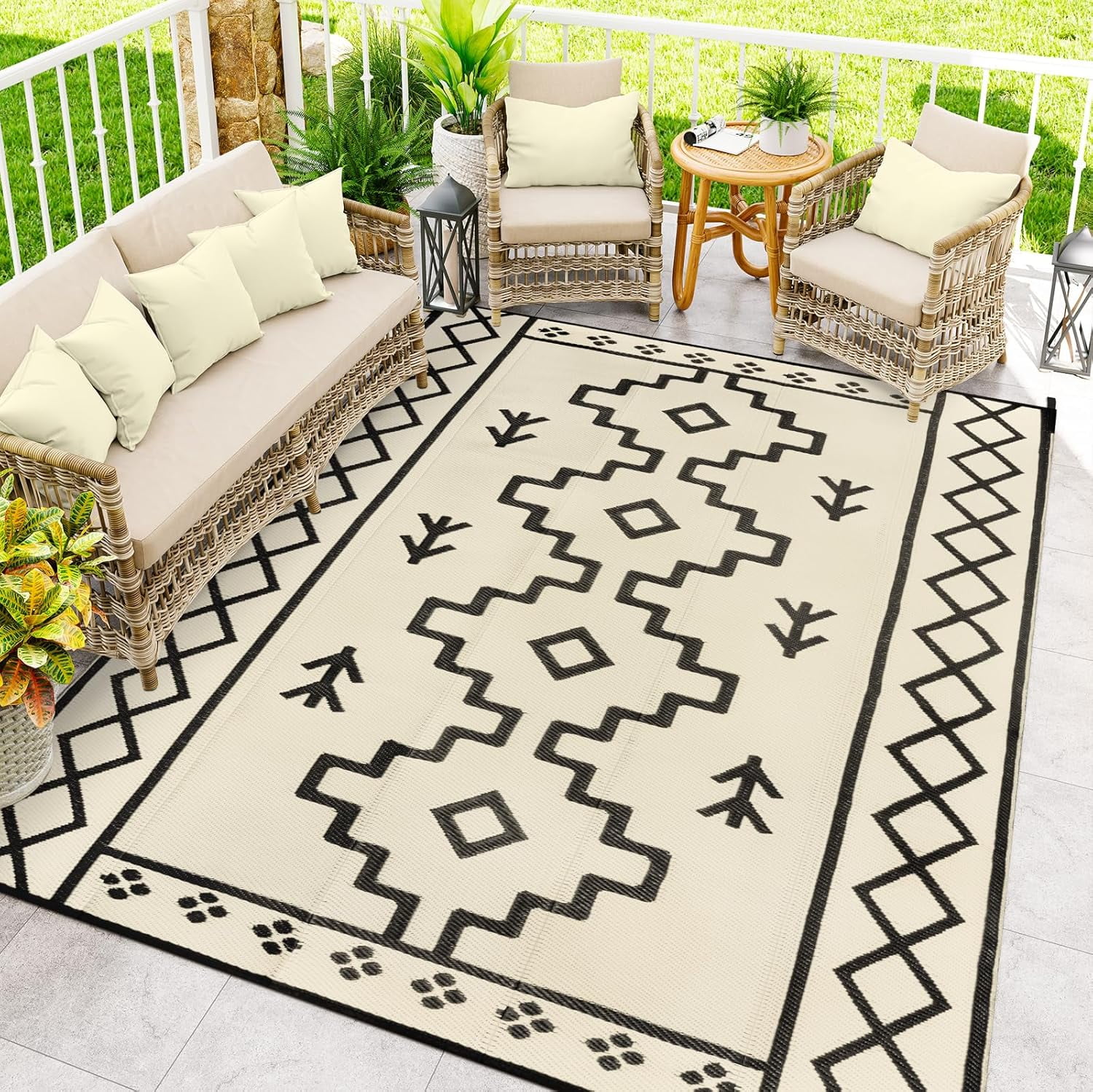 Outdoor Rugs 8x10 Waterproof, Reversible Tan Boho RV Camping Rug, Patio ...