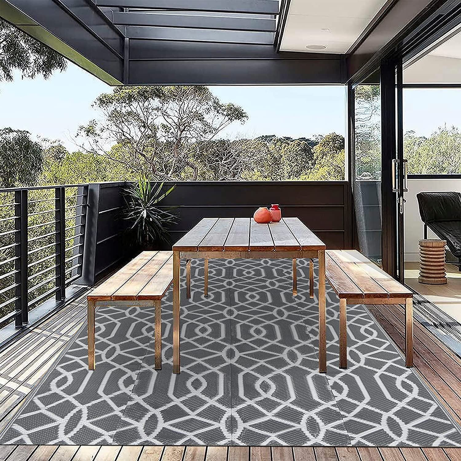 MJIAexp Curved-Gray Geometric Outdoor Rug, 9' x 12', Waterproof ...