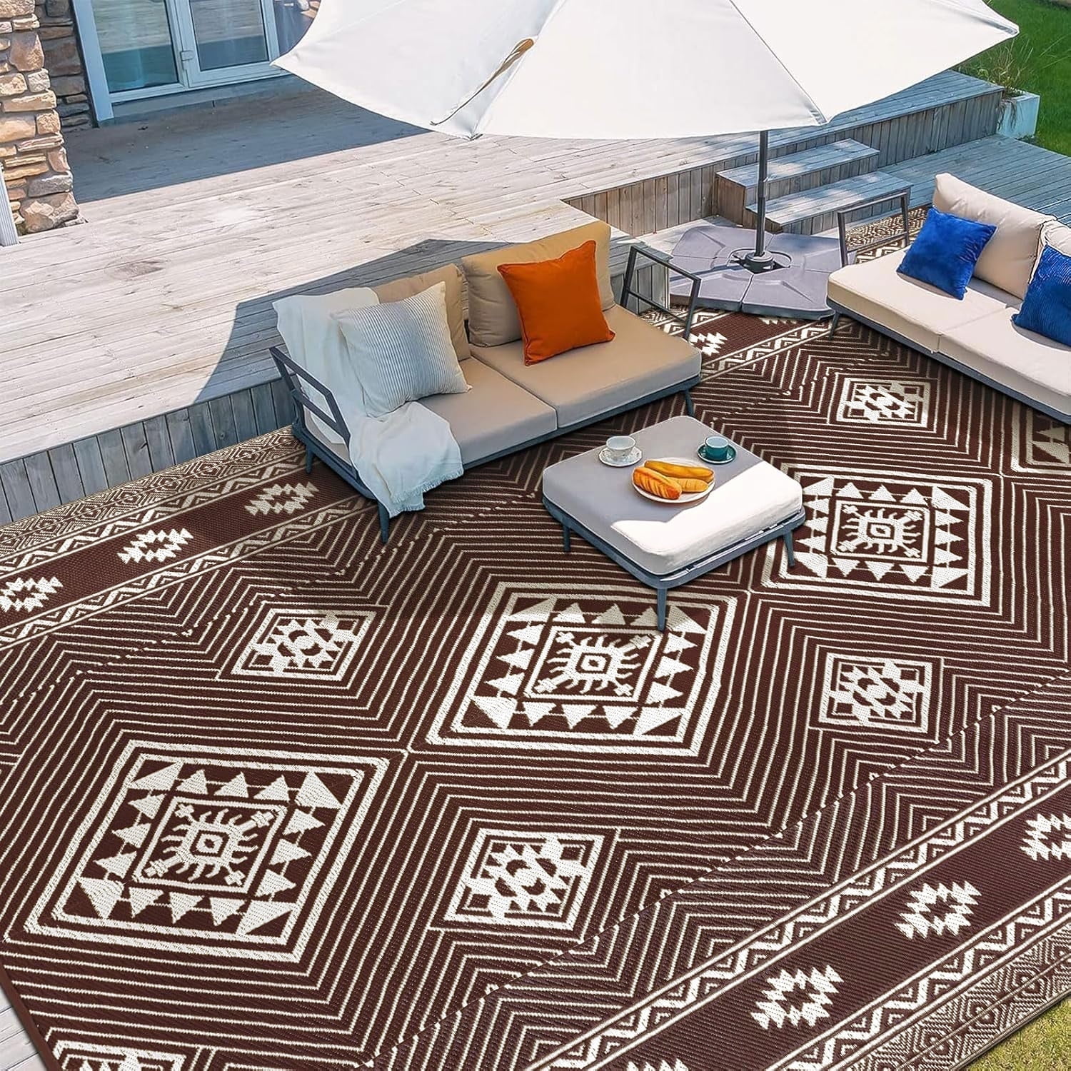 Yamaziot 6' Round Outdoor Rug, Waterproof, Reversible, Plastic Patio ...