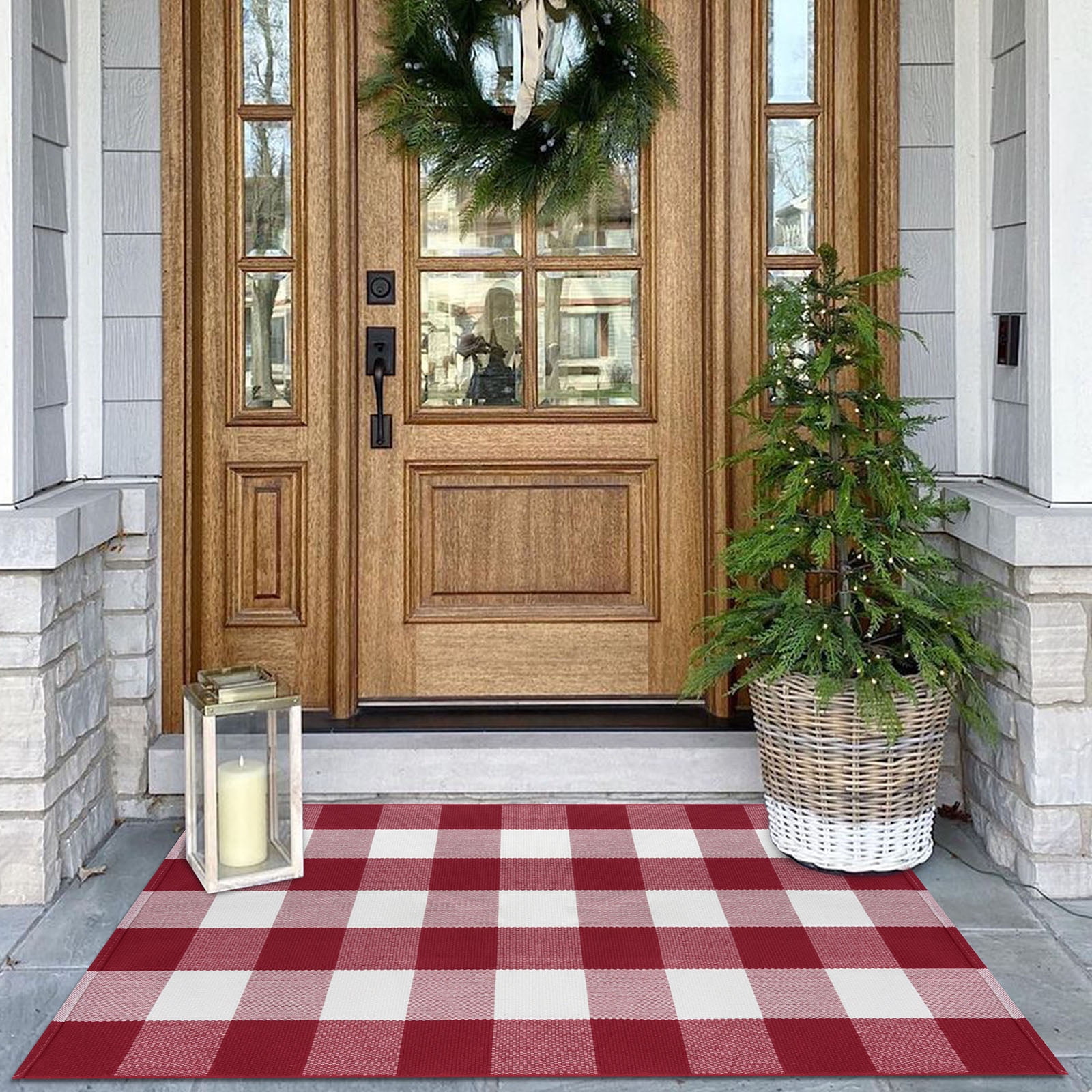 iOhouze Outdoor Rugs 2.3x3.6 White and Red Checked Rug Christmas Door ...