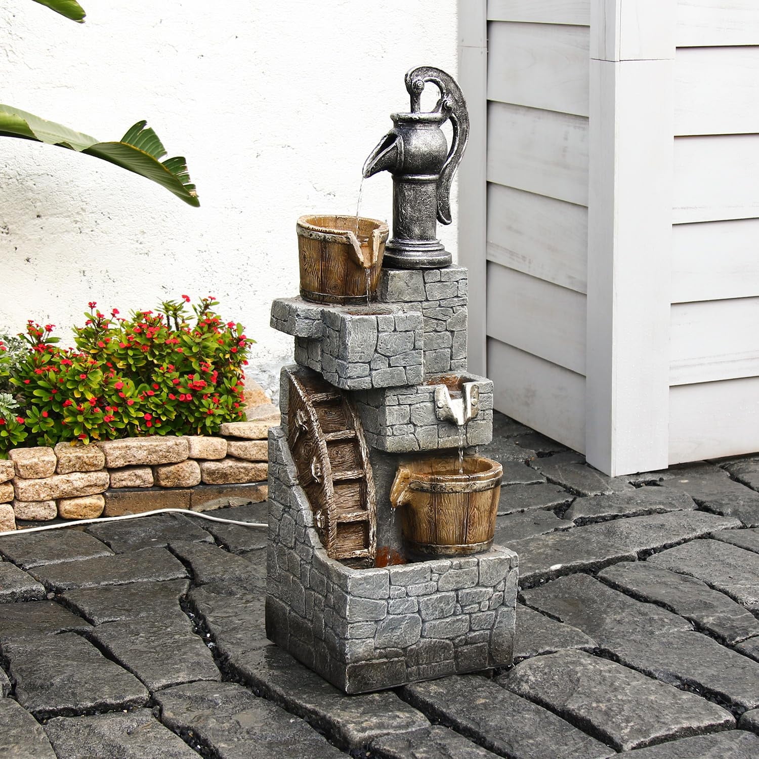 Outdoor Rustic 6-Tiered Barrel and Pump Water Fountain Outdoor ...