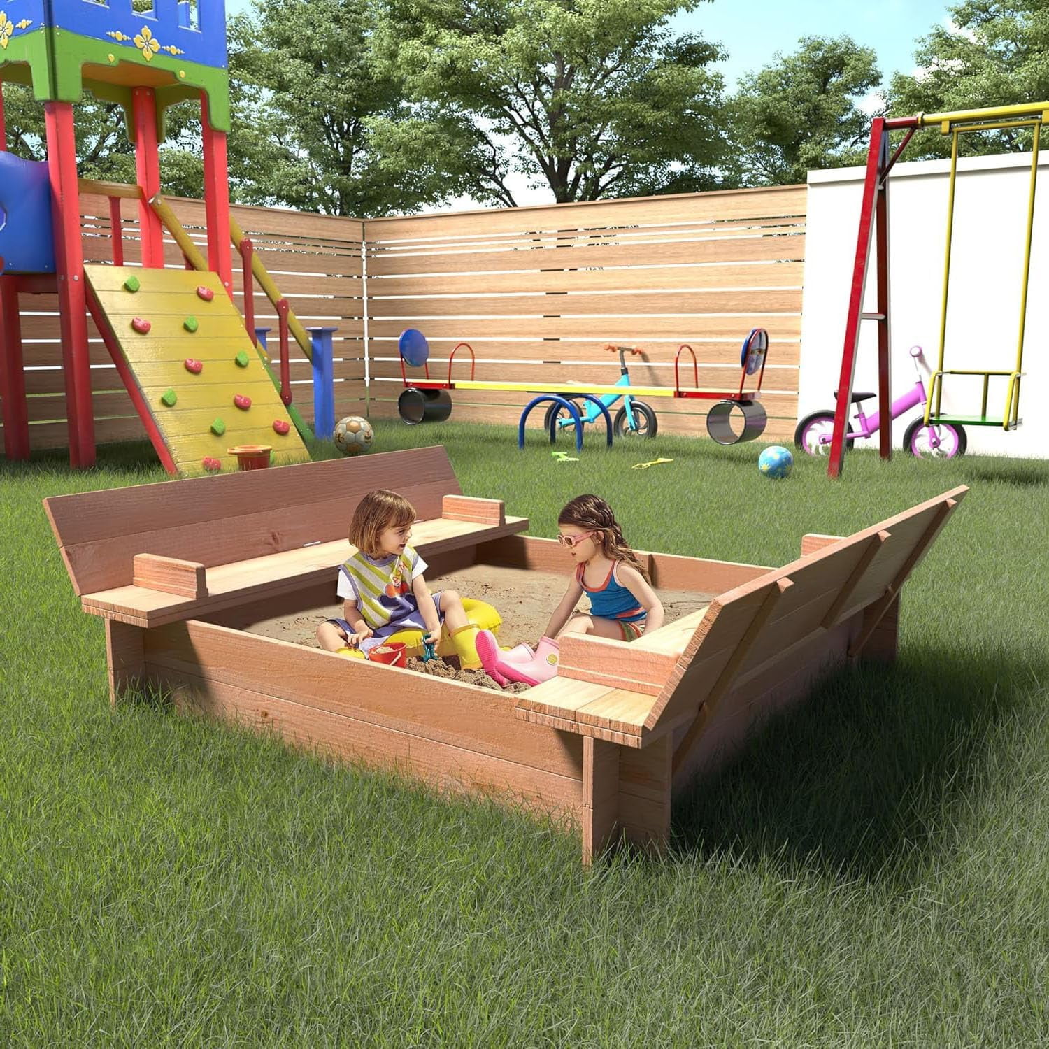 Outdoor Sandbox with Lid for Kids Wood Sandbox with 2 Seats Bottom for ...