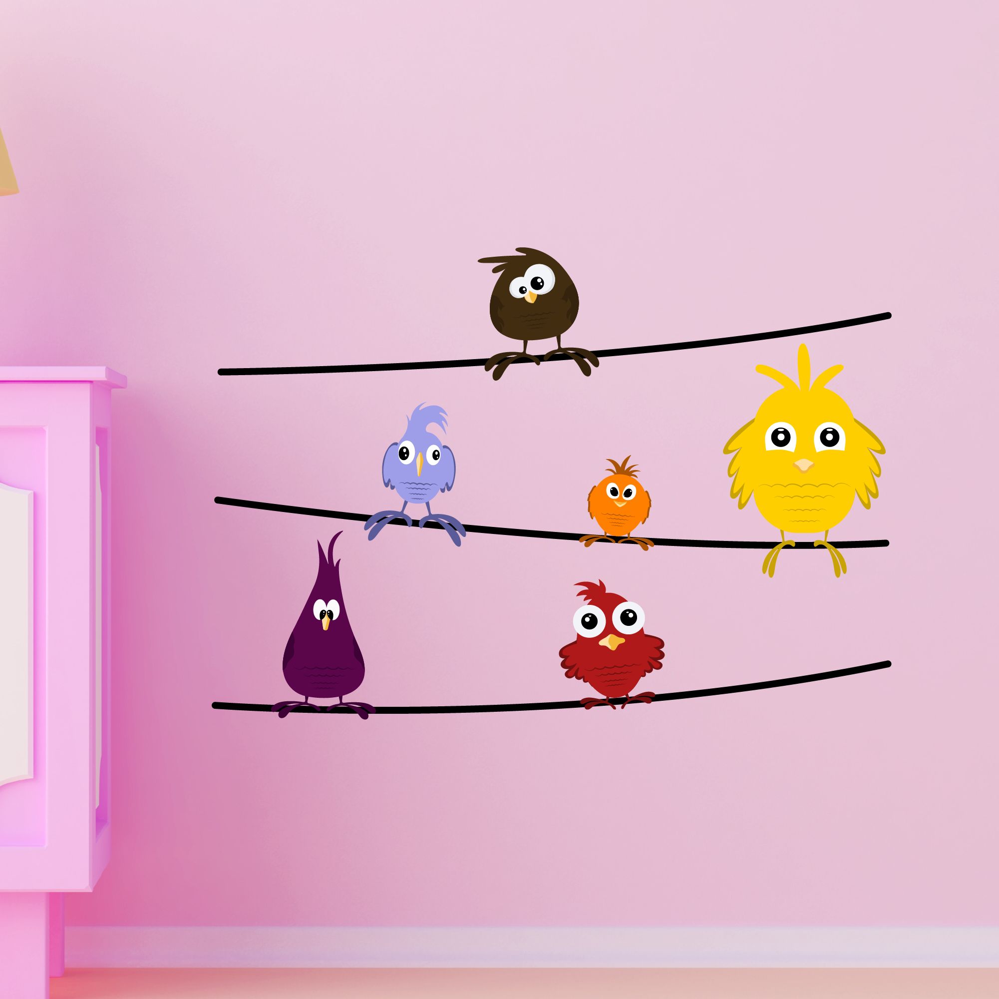 Outdoor Scenes Wall Decal Colorful Birds Sitting on Wire Bedroom Wall ...