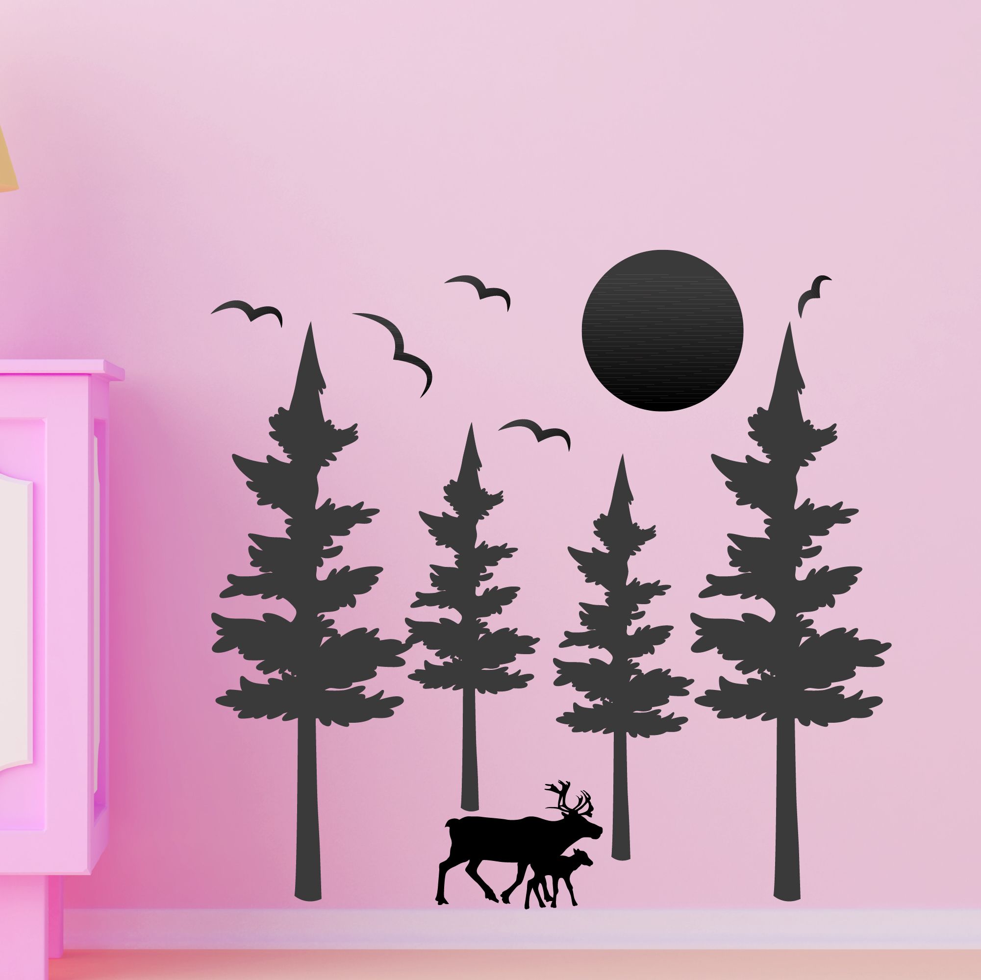 Outdoor Scenes Wall Decal Reindeer in Coniferous Forest with Sunrise ...