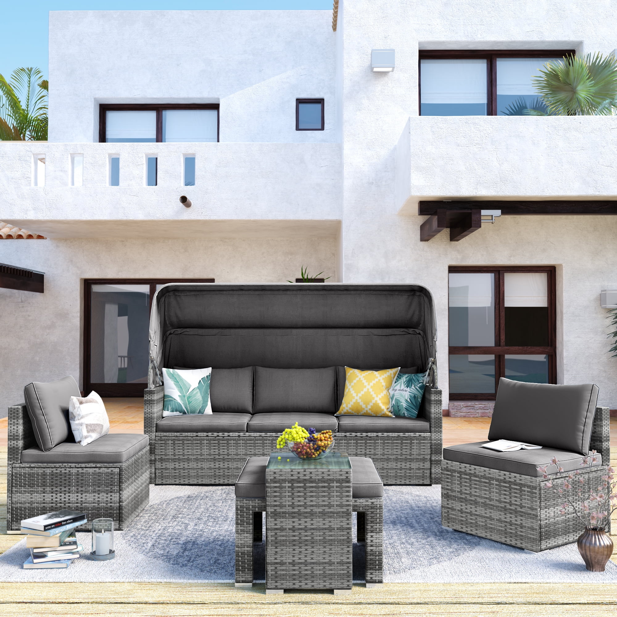 Outdoor Sectional Sofa Set Patio Rattan Daybed with Retractable Canopy ...
