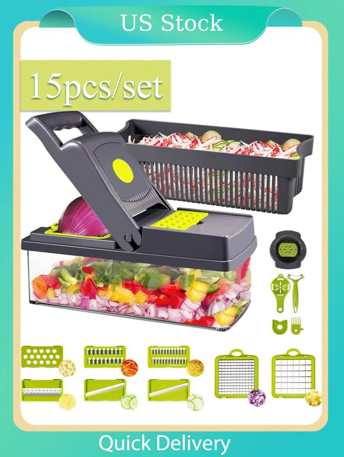 15-Piece Vegetable Chopper Kit - Multi-Functional Manual Food Slicer ...