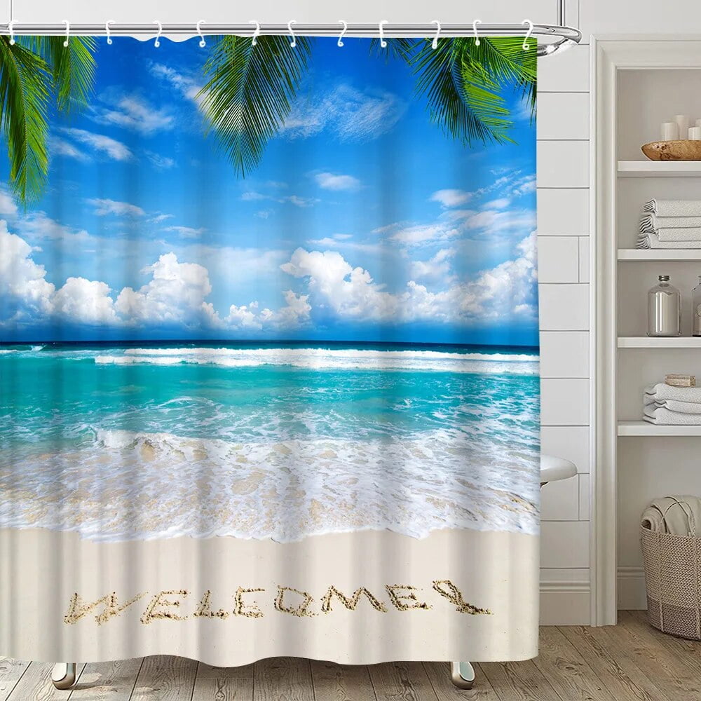 Outdoor Shower Curtain Seaside Scenery Sea Animals Sea Island On Green ...