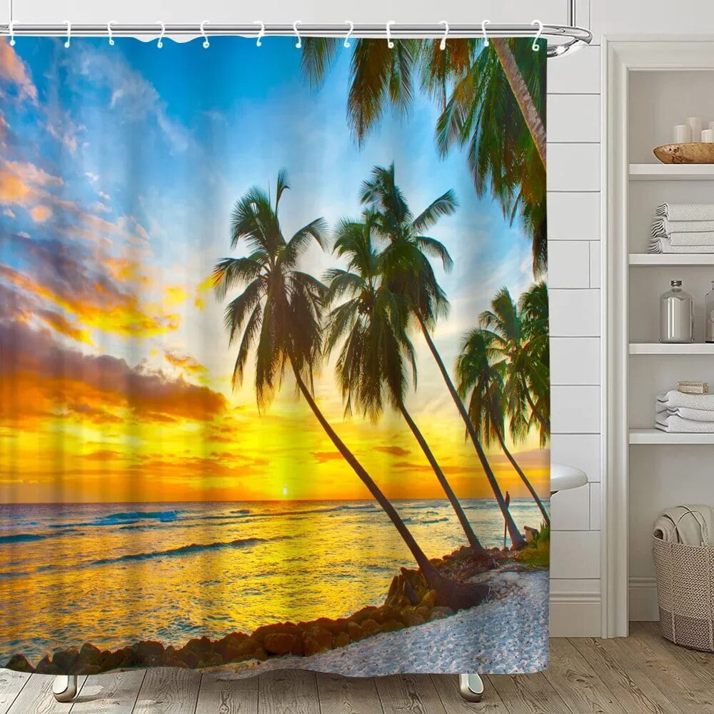 Outdoor Shower Curtain Seaside Scenery Sea Animals Sea Island On Green ...