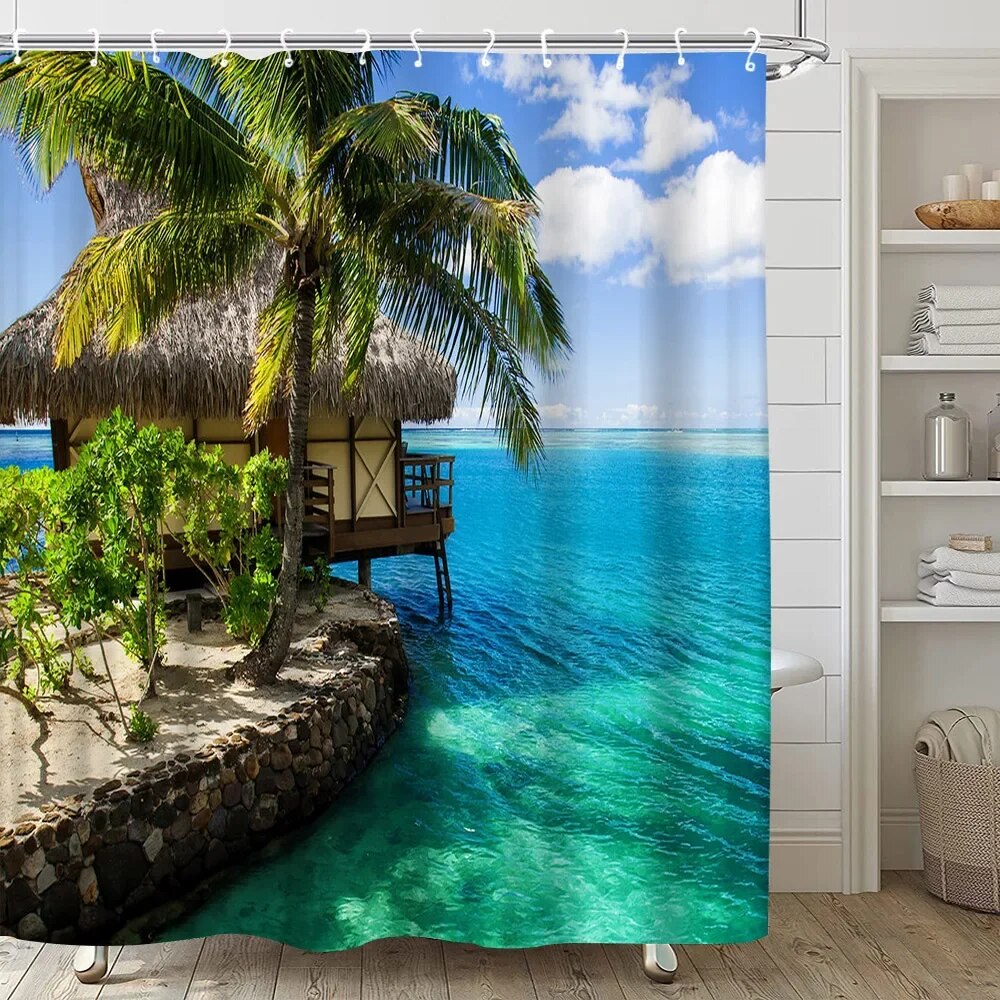 Outdoor Shower Curtain Seaside Scenery Sea Animals Sea Island On Green ...