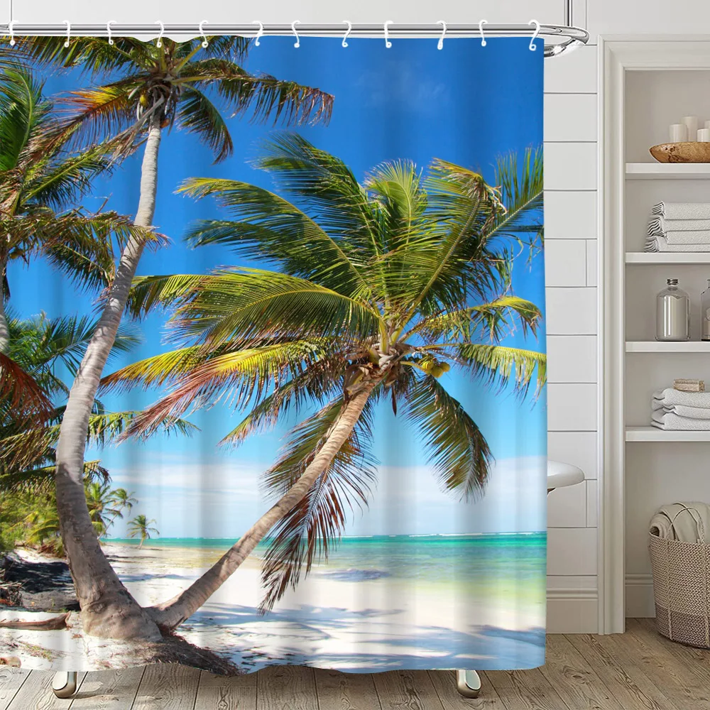 Outdoor Shower Curtain Seaside Scenery Sea Animals Sea Island On Green ...