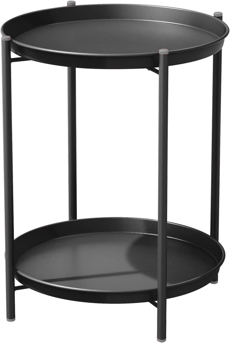 Outdoor Side Table, 2-Tier Metal Round End Table, Black - Walmart.com