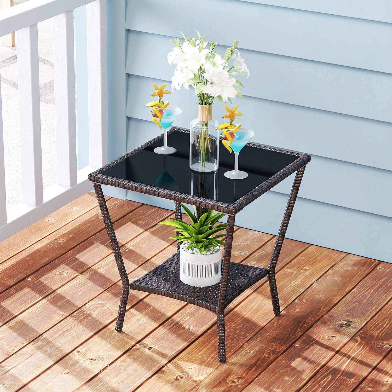 Outdoor Side Table, 2-Tier Wicker Rattan Side Tables End Table for ...