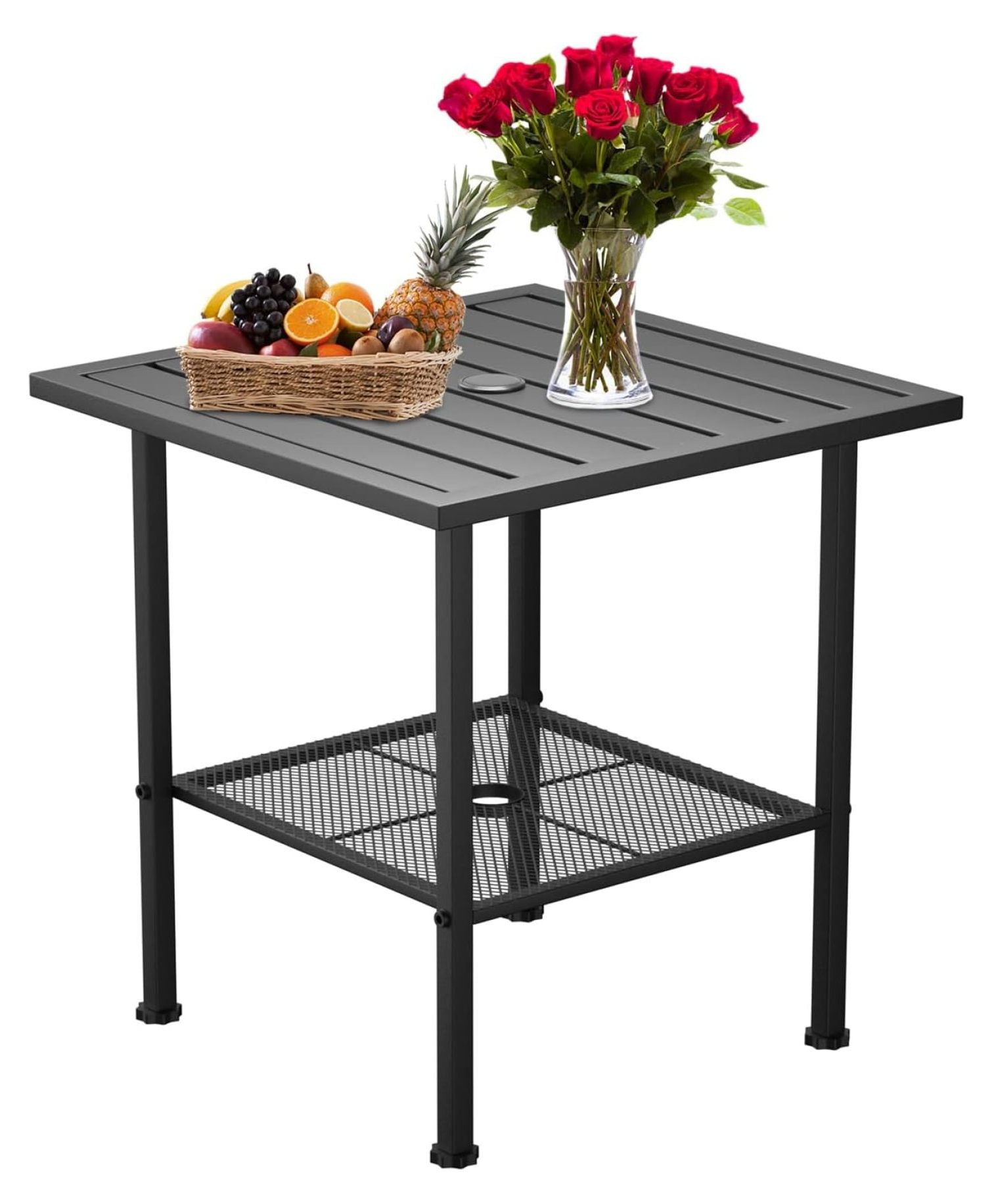 Outdoor Side Table 22 Inch with Umbrella Hole for Patio, 2 Layers ...
