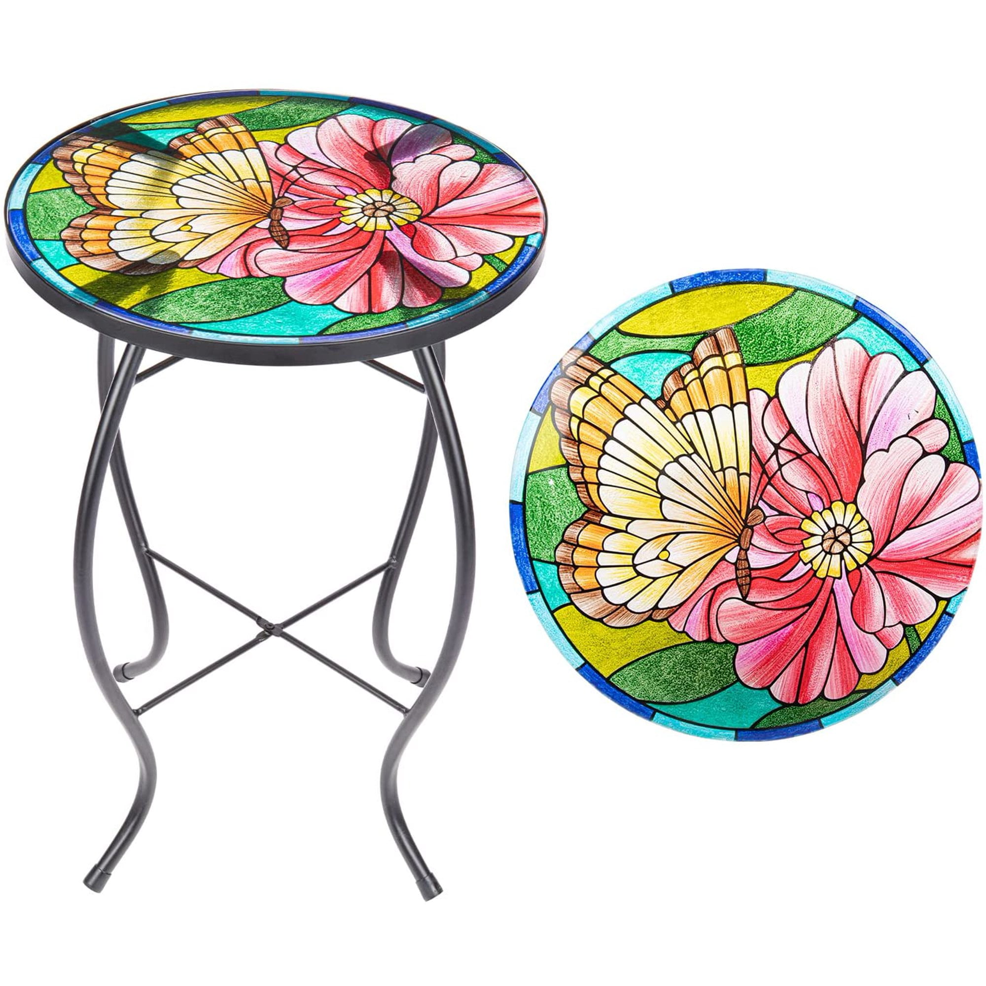 Outdoor Side Table Mosaic Butterfly End Table, 14 in Outdoor Accent ...