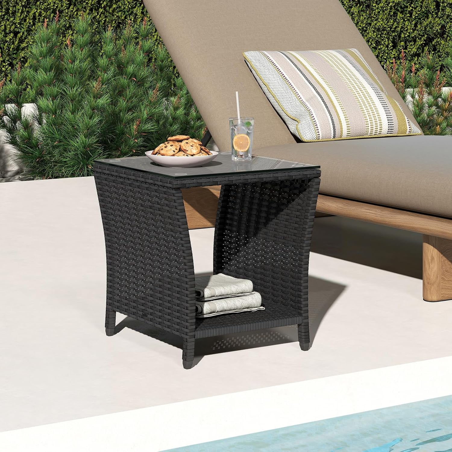 Outdoor Side Table - PE Wicker Patio Table with Tempered Glass Top, 2 ...
