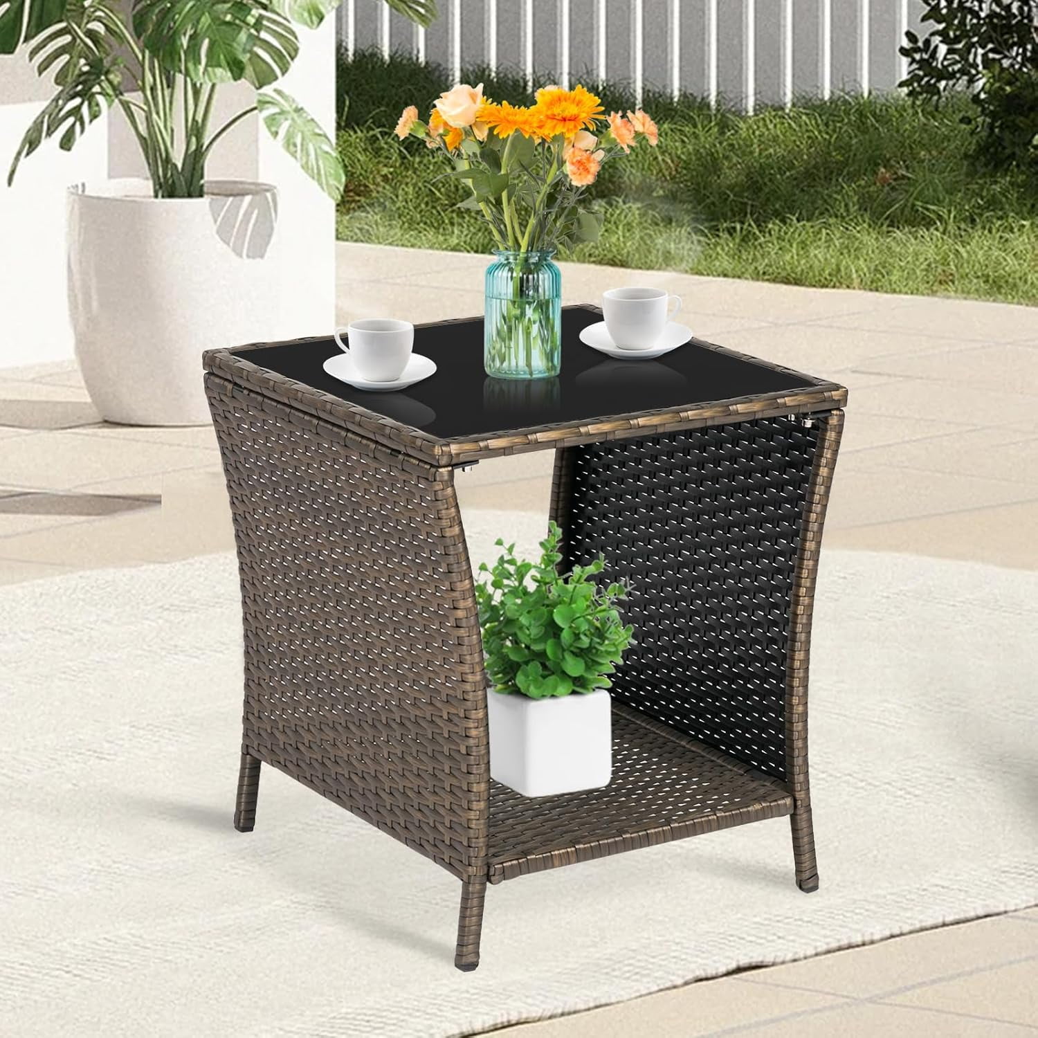 Outdoor Side Table - PE Wicker Patio Table with Tempered Glass Top, 2 ...