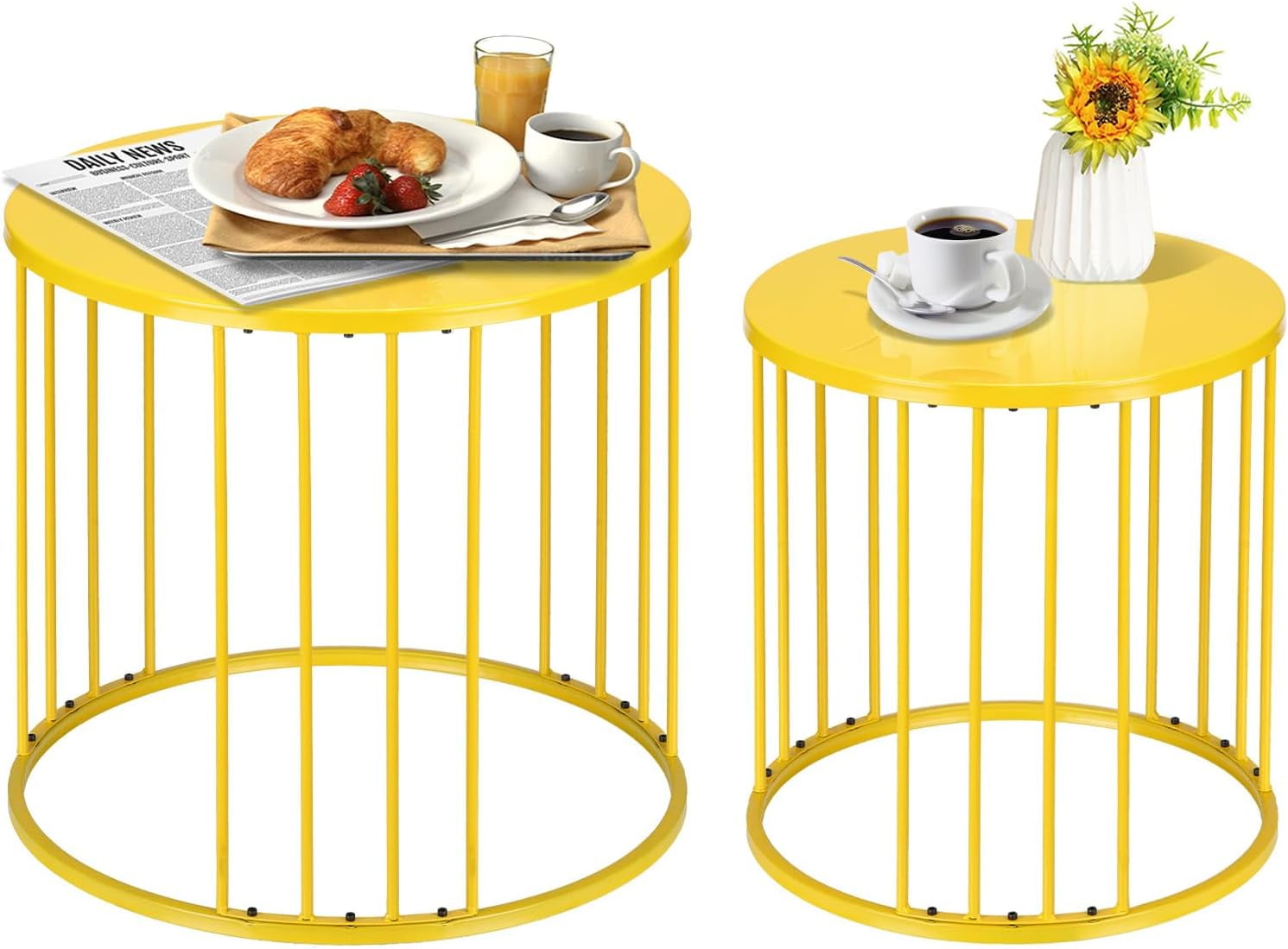 Outdoor Side Table Set of 2, Metal Circle Accent End Tables for Balcony ...