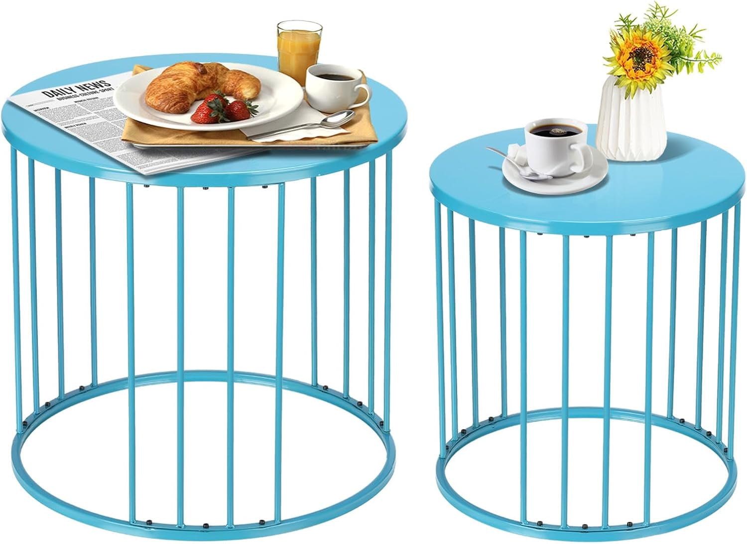 Outdoor Side Table Set of 2, Metal Circle Accent End Tables for Balcony ...