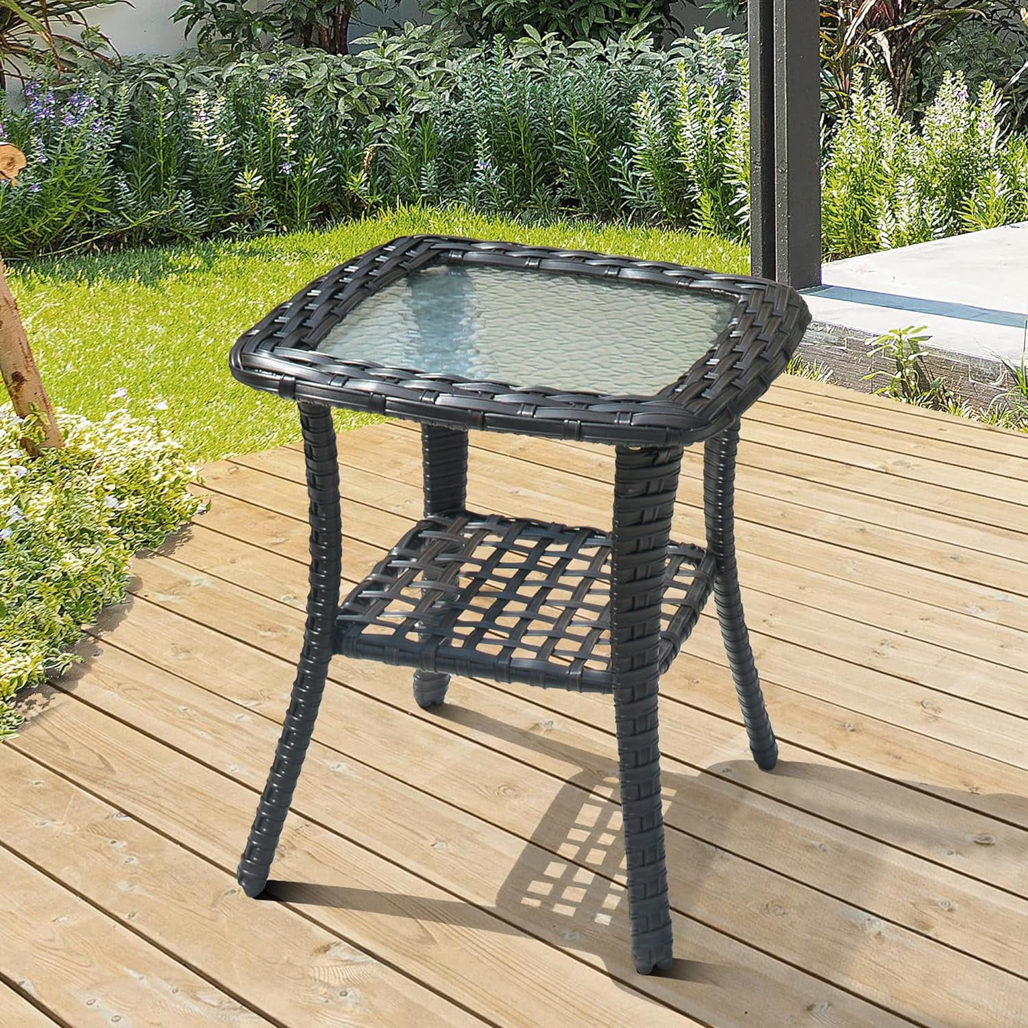 Outdoor Side Table with Tempered Glass Top, Patio Wicker Rattan Coffee ...