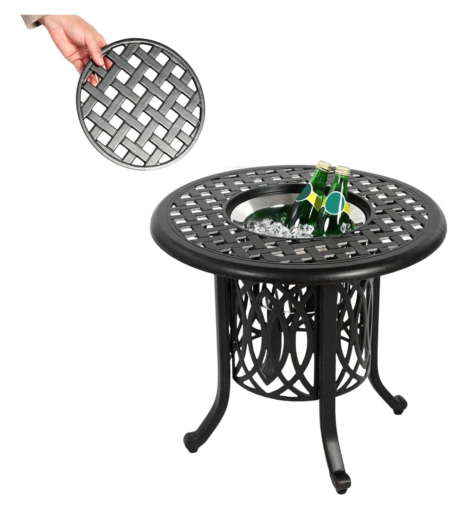 Outdoor Side Table with Ice Bucket, Cast Aluminum Patio Table, Weather ...