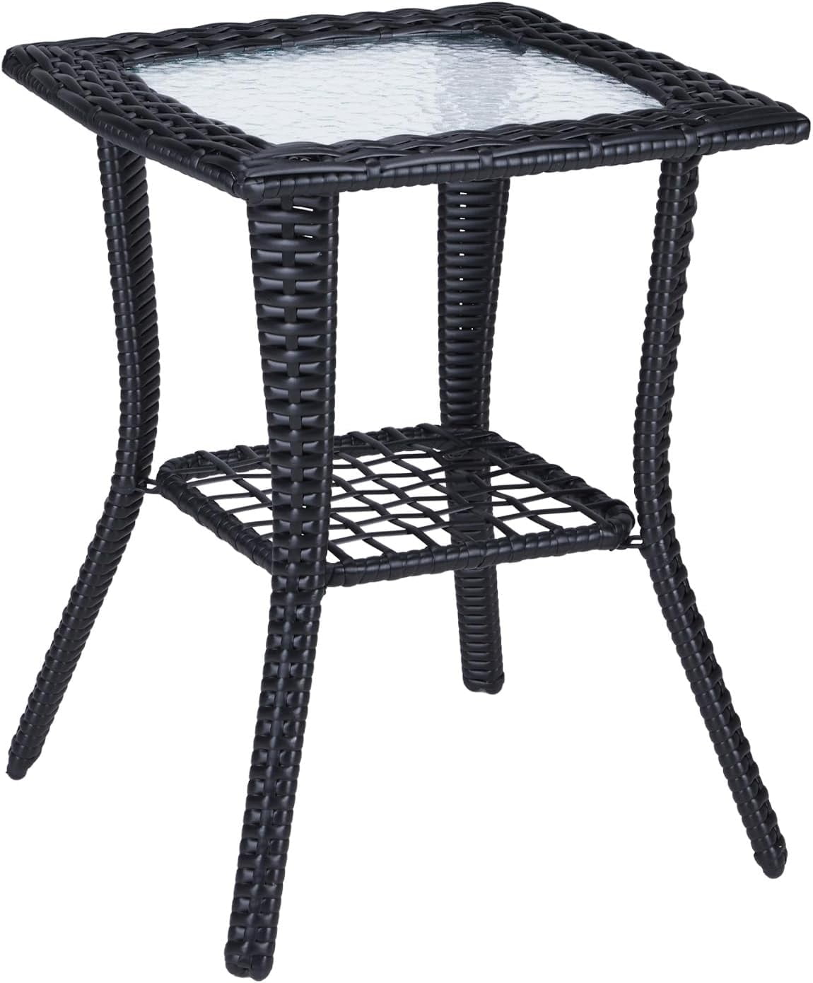Outdoor Side Table with Storage Wicker Patio Side Table, Tempered Glass ...